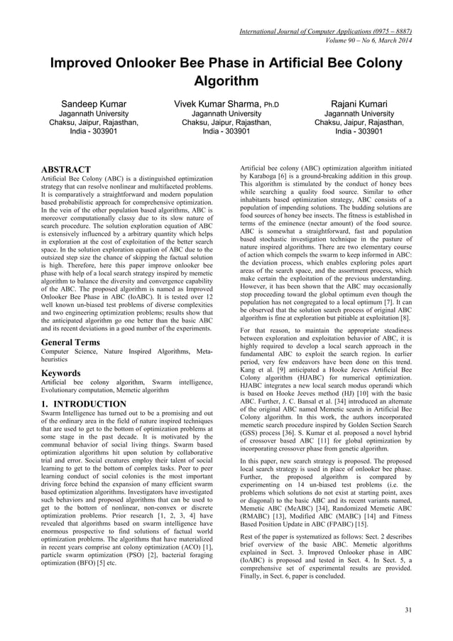 Improved onlooker bee phase in artificial bee colony algorithm | PDF