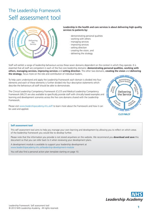 13.nhs leadership framework-leadership-frameworkselfassessmenttool | PDF