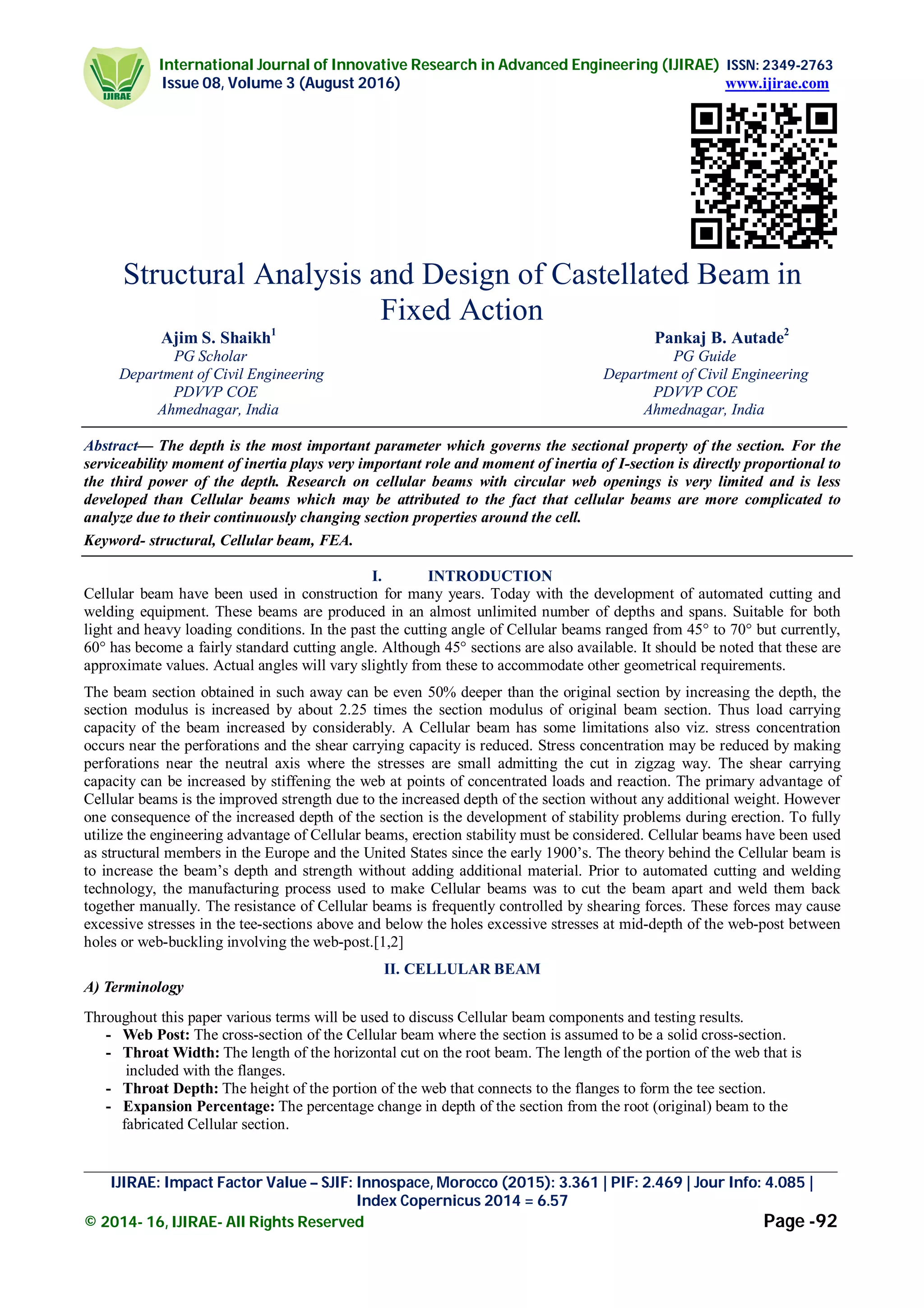Structural Analysis and Design of Castellated Beam in Fixed Action | PDF