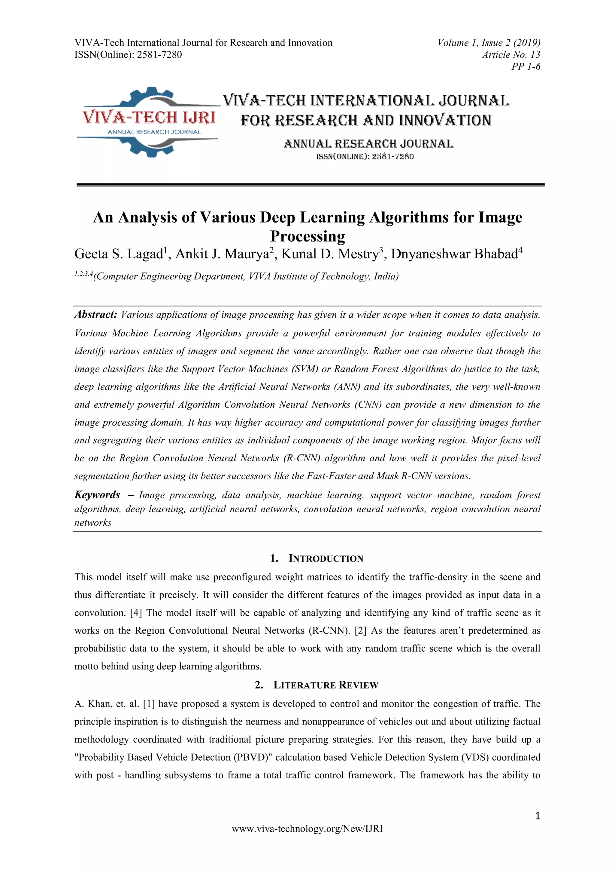 An Analysis Of Various Deep Learning Algorithms For Image Processing Pdf