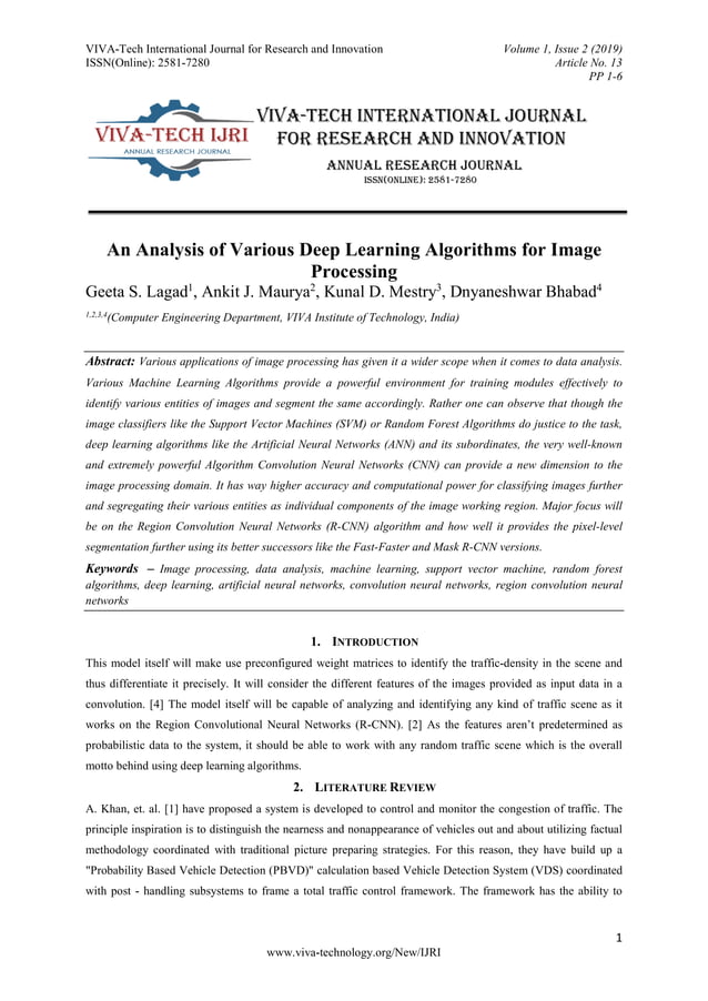 An Analysis Of Various Deep Learning Algorithms For Image Processing Pdf