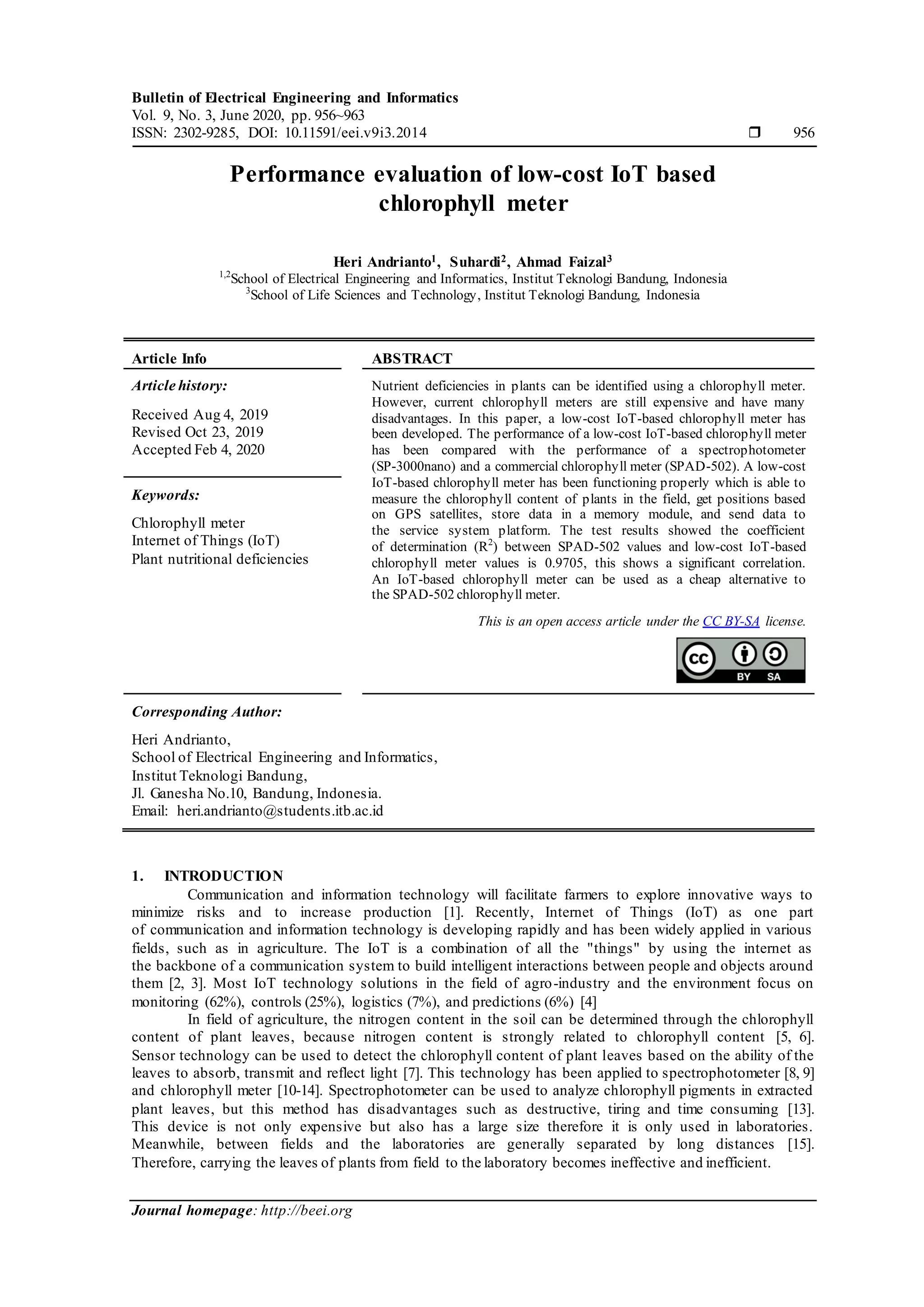 Performance evaluation of low-cost IoT based chlorophyll meter | PDF