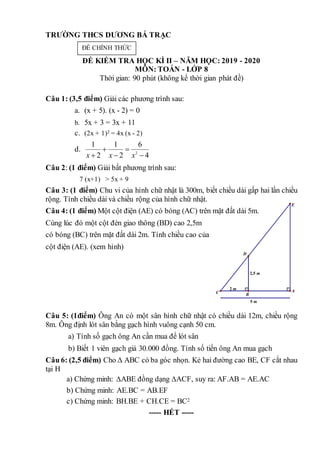 Đề Thi HK2 Toán 8 - THCS Dương Bá Trạc | DOC