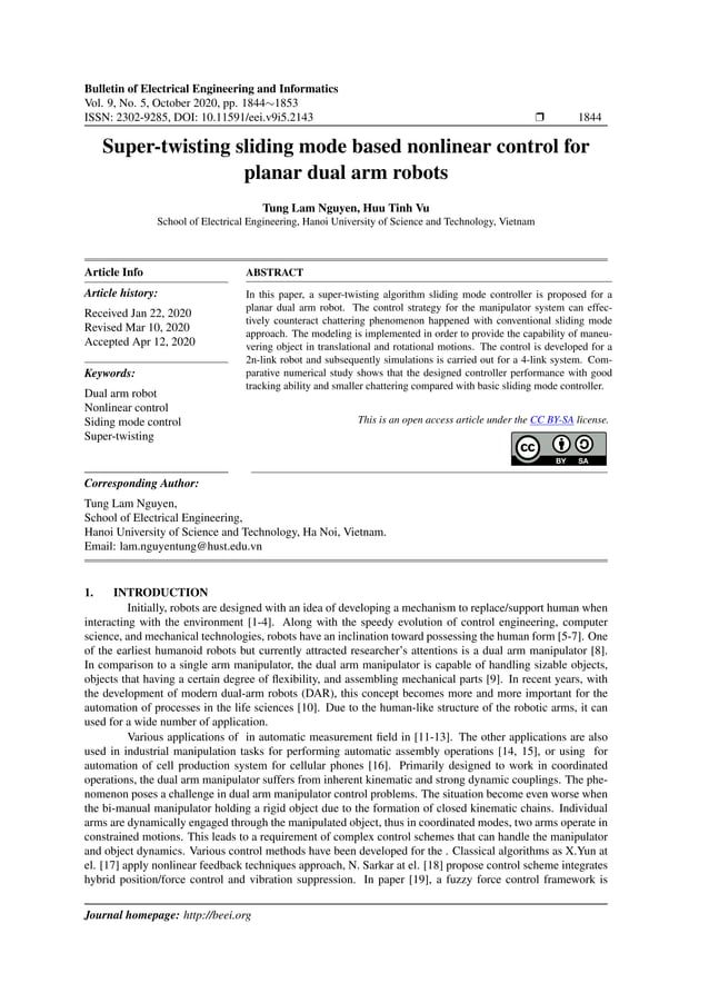 Super-twisting sliding mode based nonlinear control for planar dual arm robots | PDF