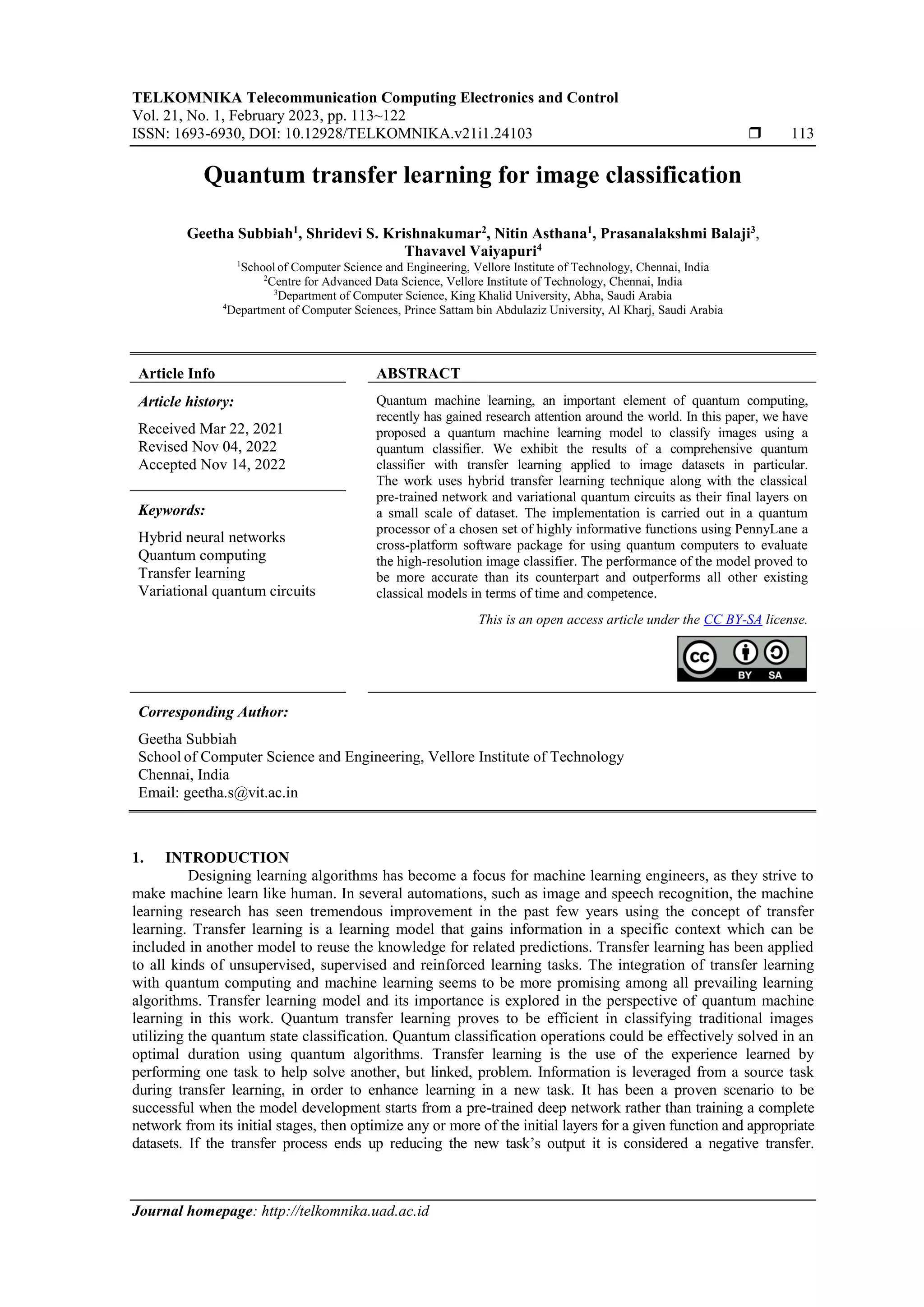Quantum transfer learning for image classification | PDF