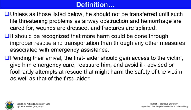 Emergency Rescue & Transfer.pptx | First Aid | Injuries