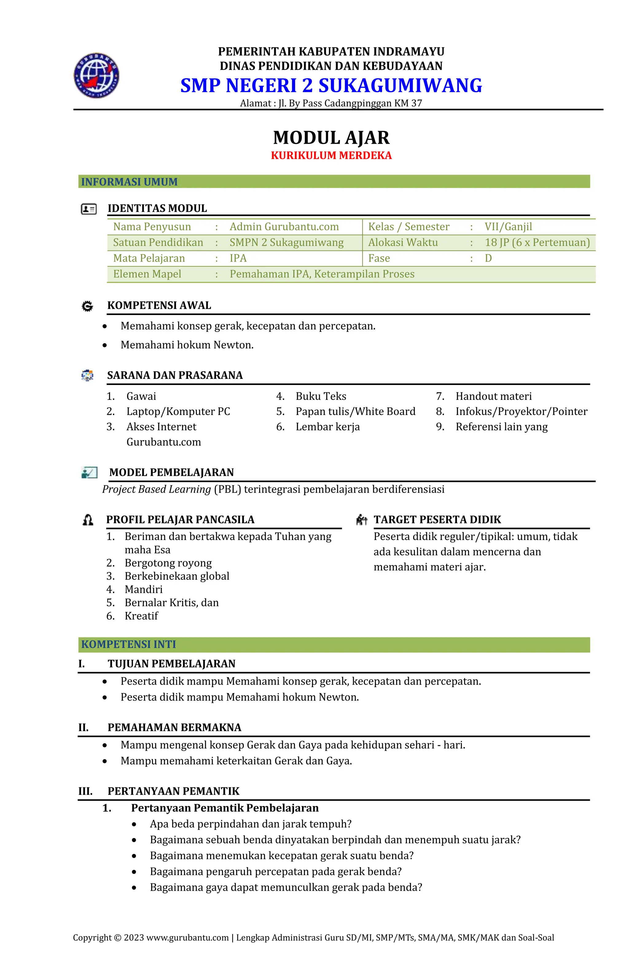 modul ajar ipa kelas 7 semster 1 sekolah | DOCX