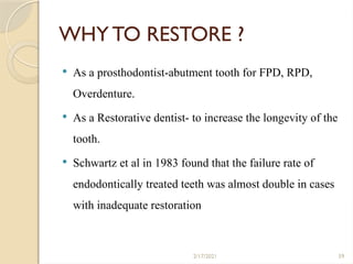 PROSTHODONTIC MANAGEMENT OF ENDODONTICALLY TREATED TEETH | PPTX