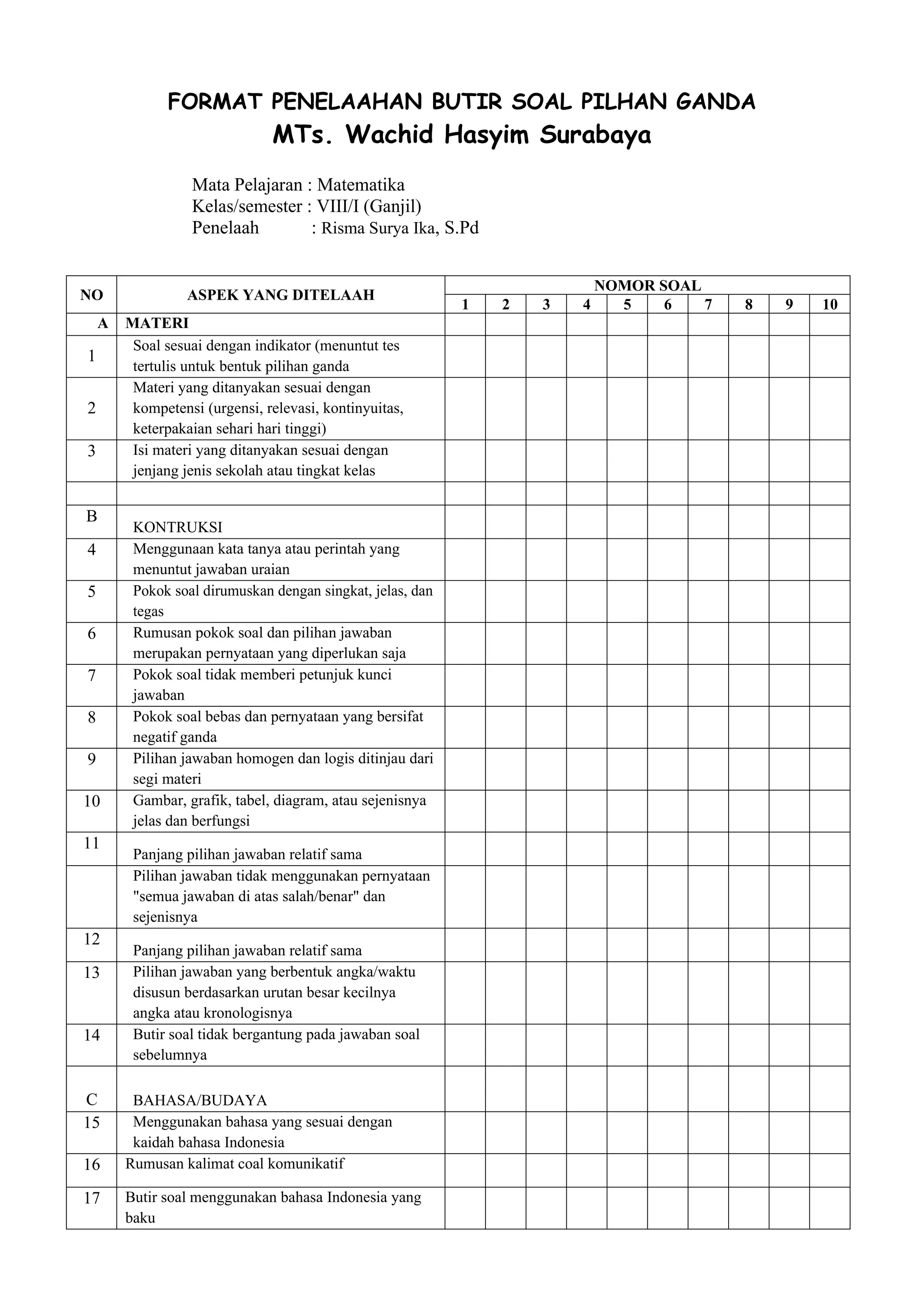 13. Format Telaah Butir Soal Uraian.docx