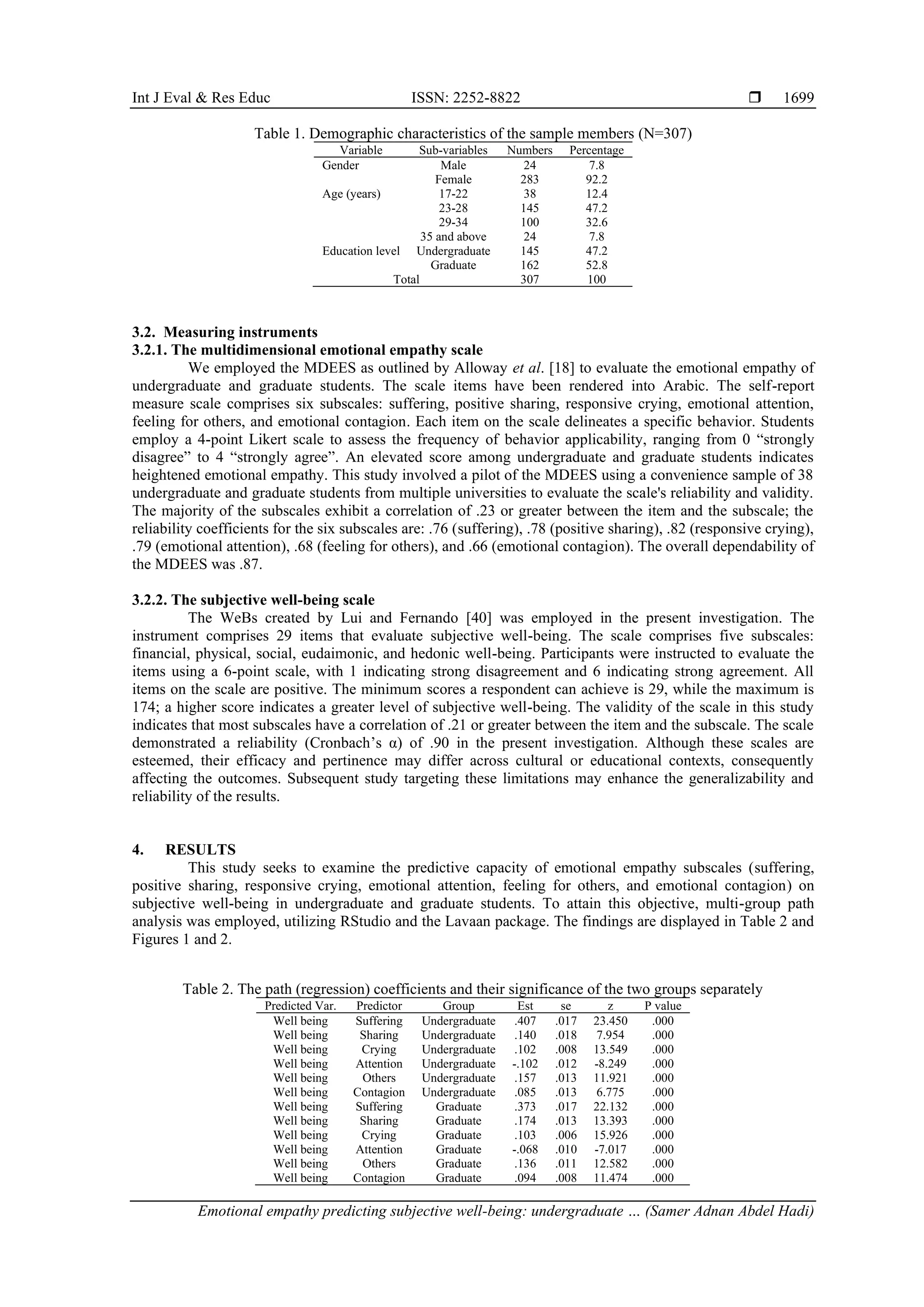 Emotional empathy predicting subjective well-being: undergraduate and ...