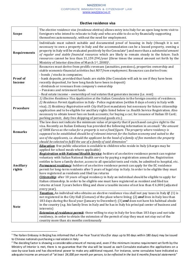 Italy - Elective residence visas