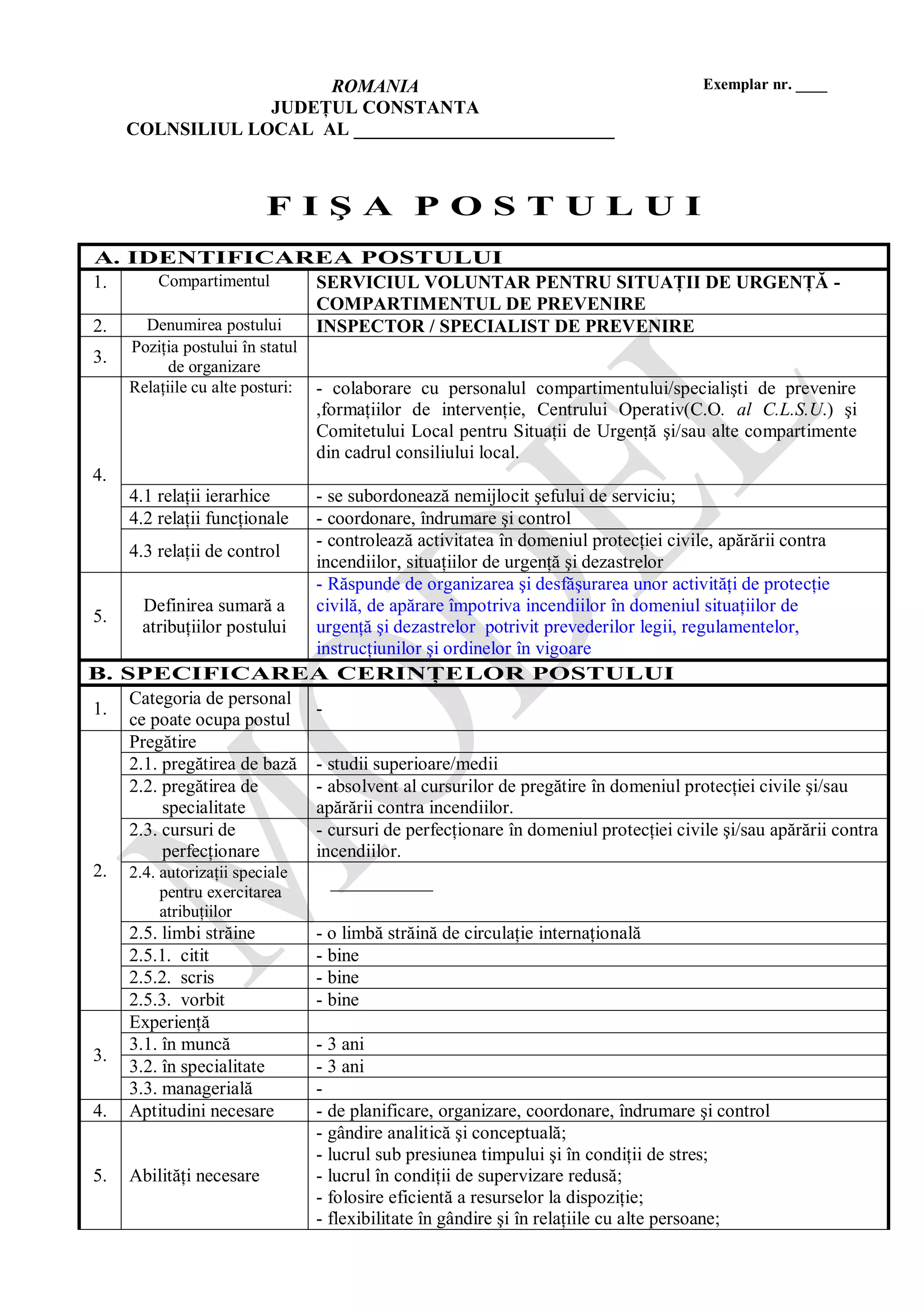 Fisa postului sp. prevenire-model | PDF