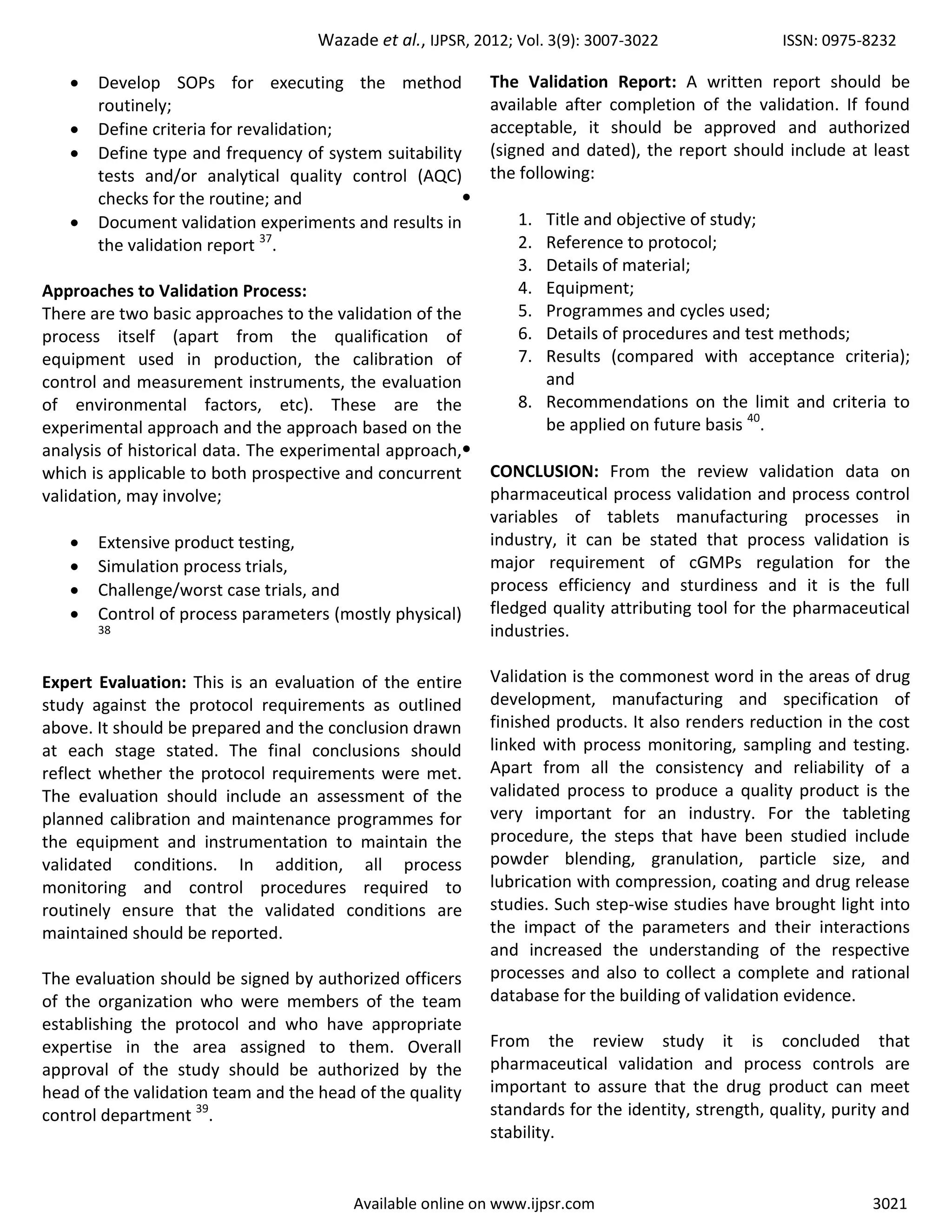 AN OVERVIEW OF PHARMACEUTICAL PROCESS VALIDATION AND PROCESS CONTROL ...