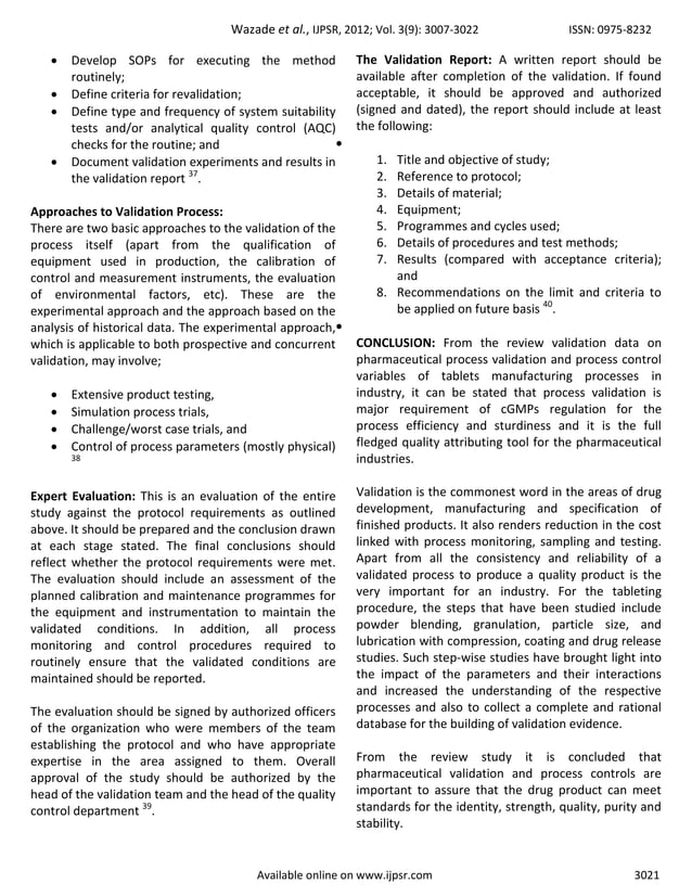 AN OVERVIEW OF PHARMACEUTICAL PROCESS VALIDATION AND PROCESS CONTROL ...