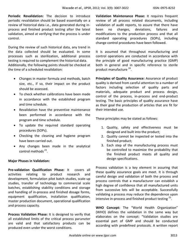 AN OVERVIEW OF PHARMACEUTICAL PROCESS VALIDATION AND PROCESS CONTROL ...