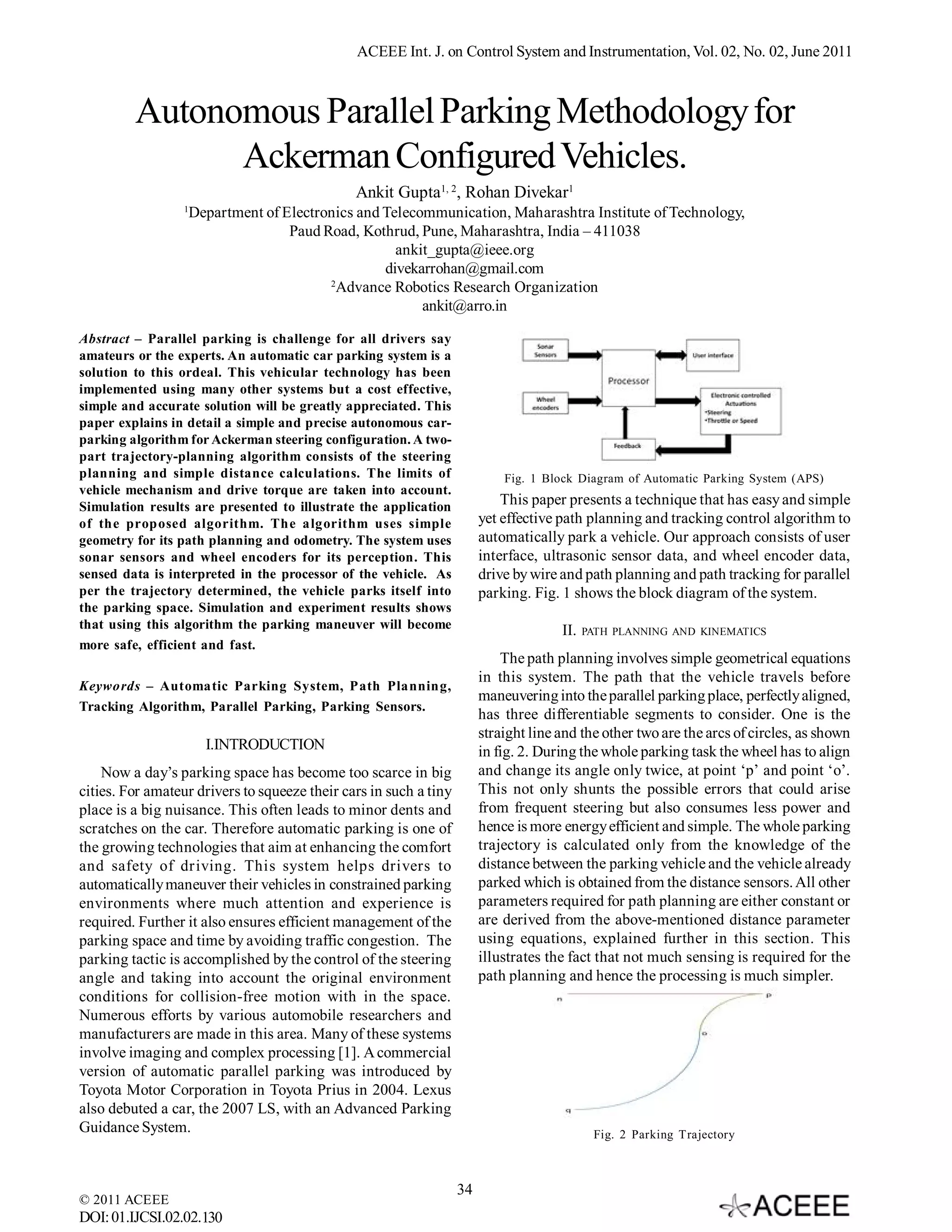 Autonomous Parallel Parking Methodology for Ackerman Configured Vehicles | PDF
