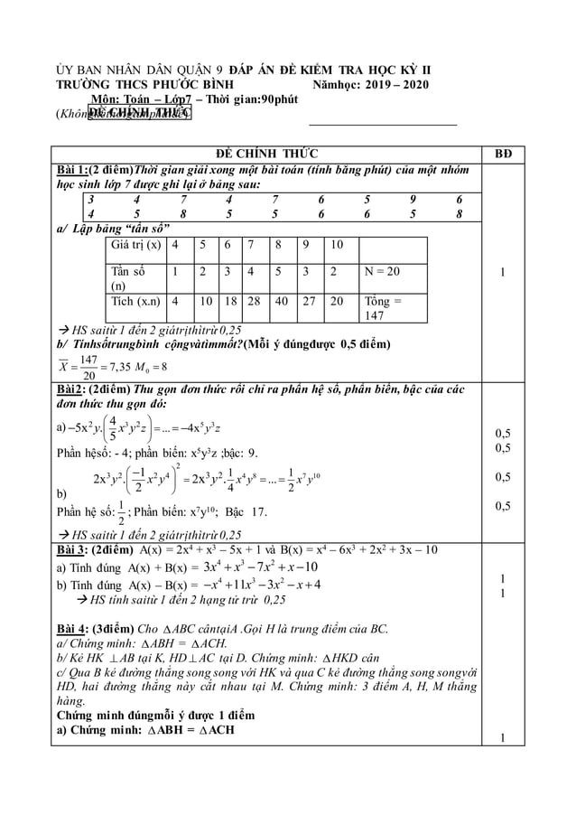 Đề Thi HK2 Toán 7 - THCS Phước Bình | PDF