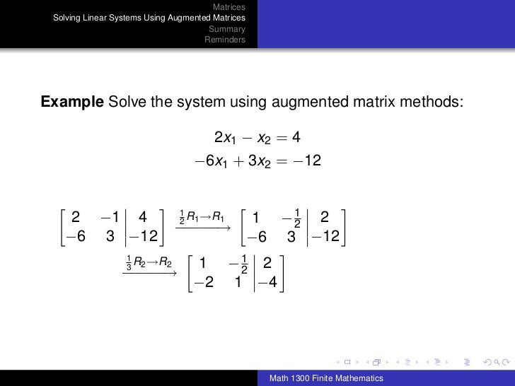 Math 1300 Section 4 2 Systems Of Linear Equations Augmented Matrices