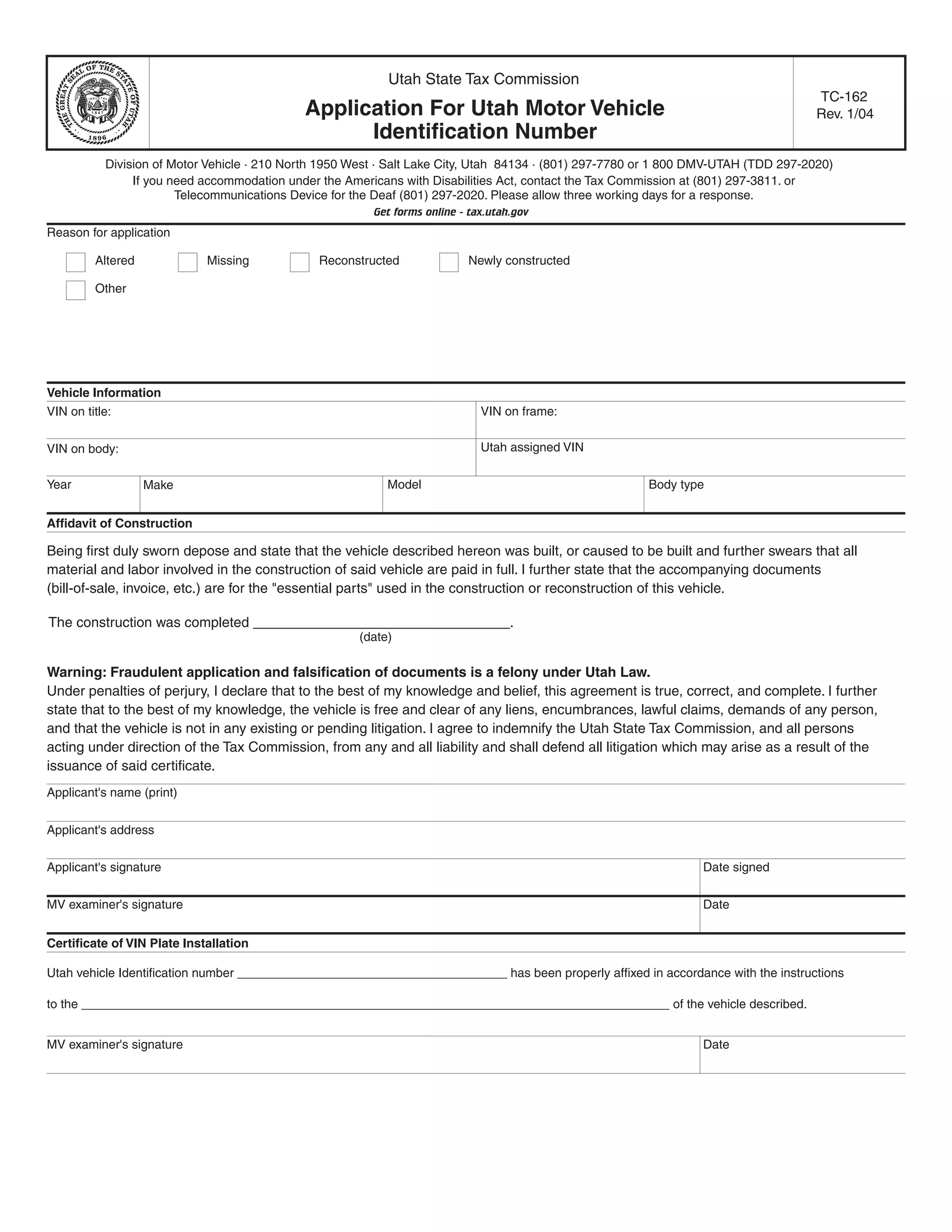 tax.utah.gov forms current tc tc-162 | PDF