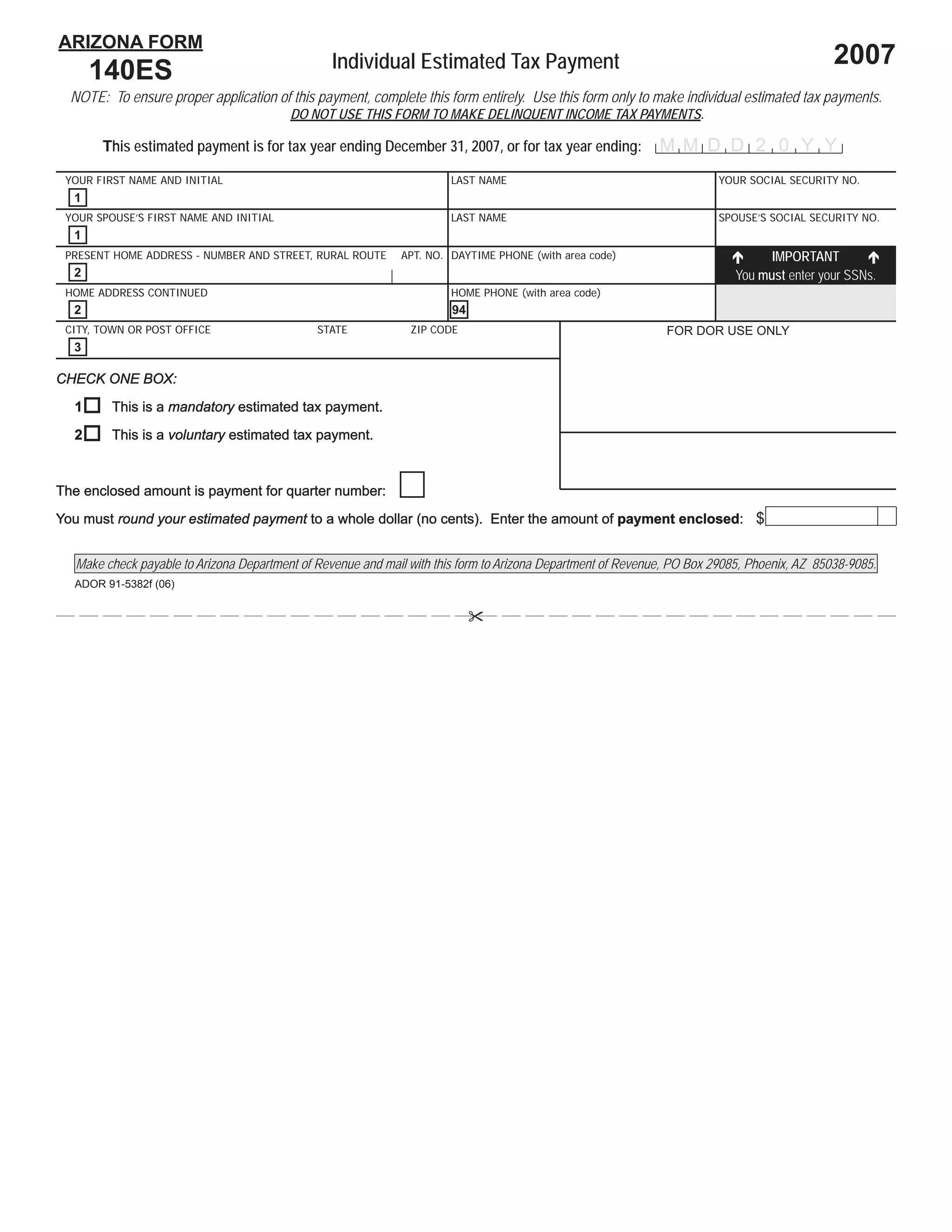 azdor.gov Forms .. ADOR Forms 140ES-2007_f | PDF | Personal Taxes ...