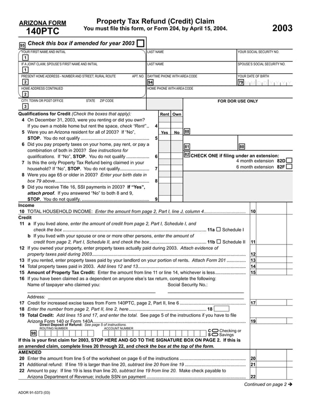 azdor.gov Forms 140PTCf | PDF