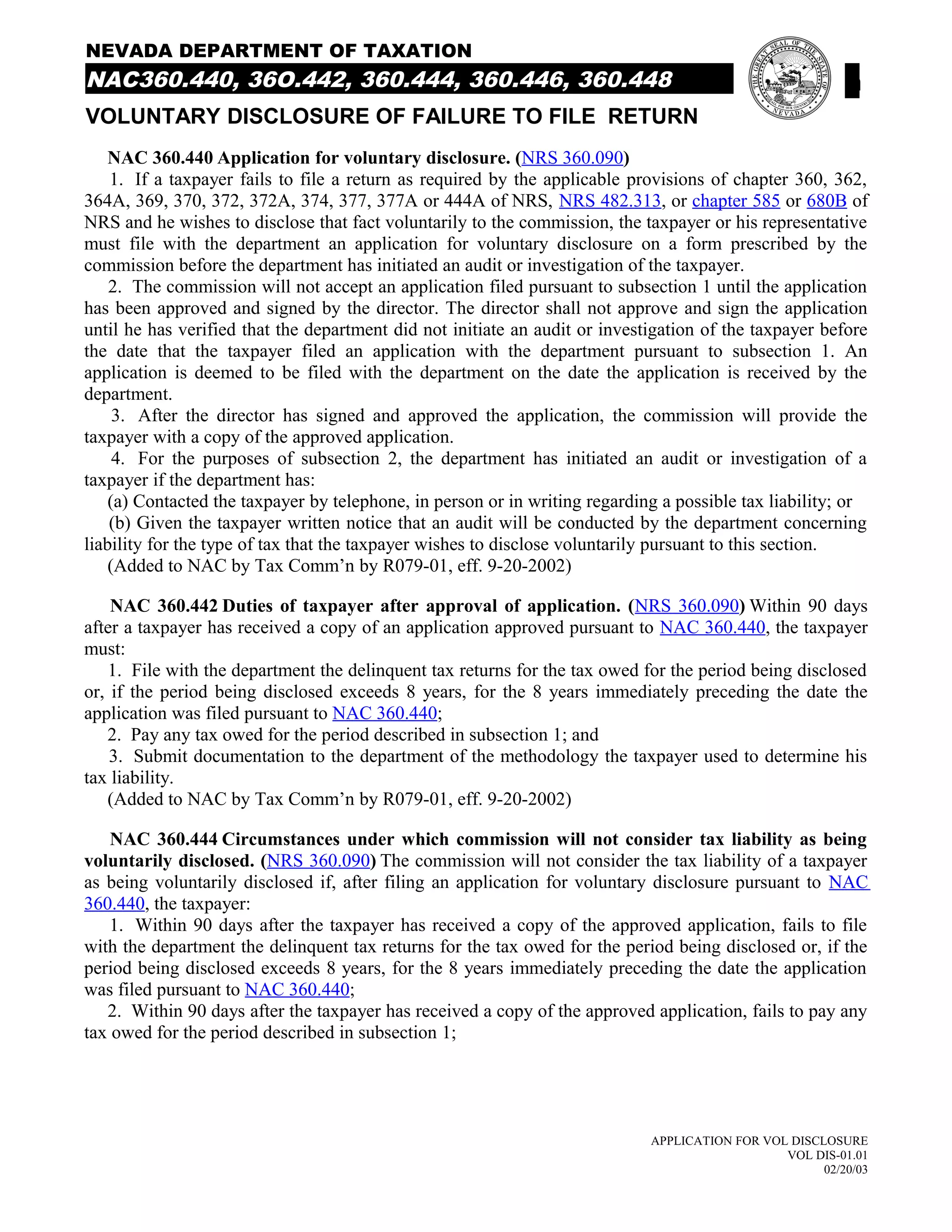 tax.state.nv.us documents Voluntary Disclosure | PDF