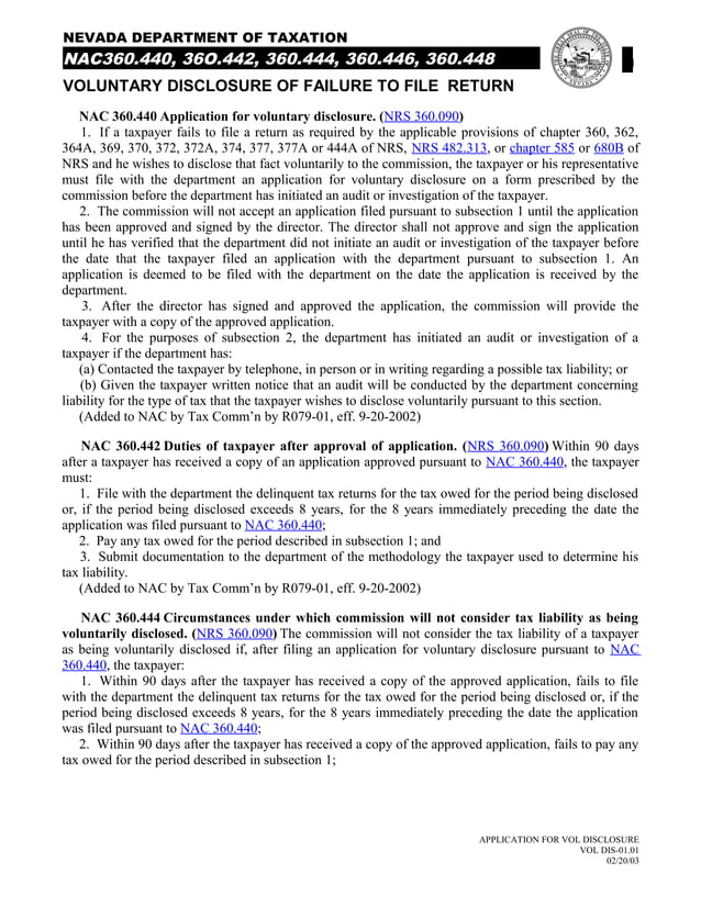tax.state.nv.us documents Voluntary Disclosure | PDF