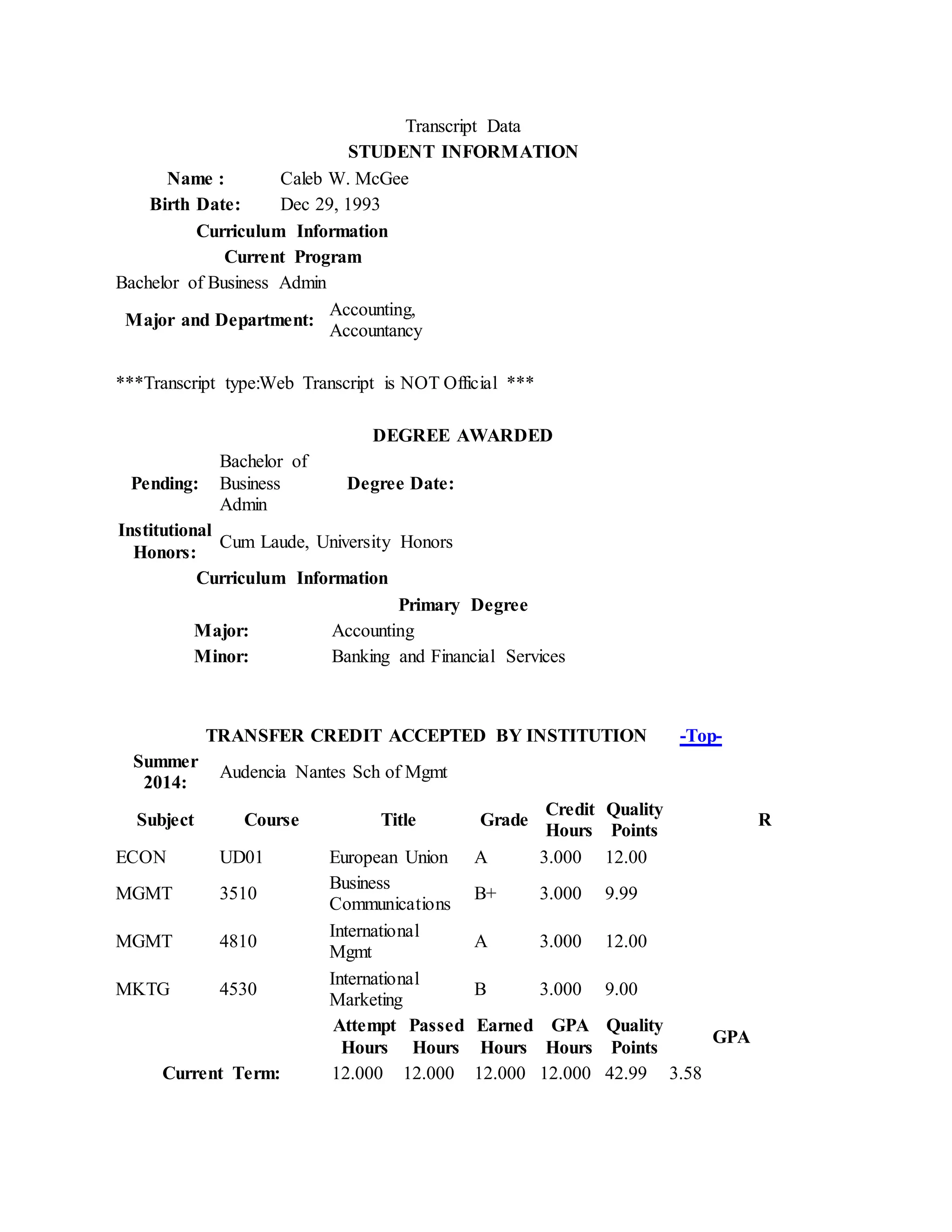 Transcript Data | PDF