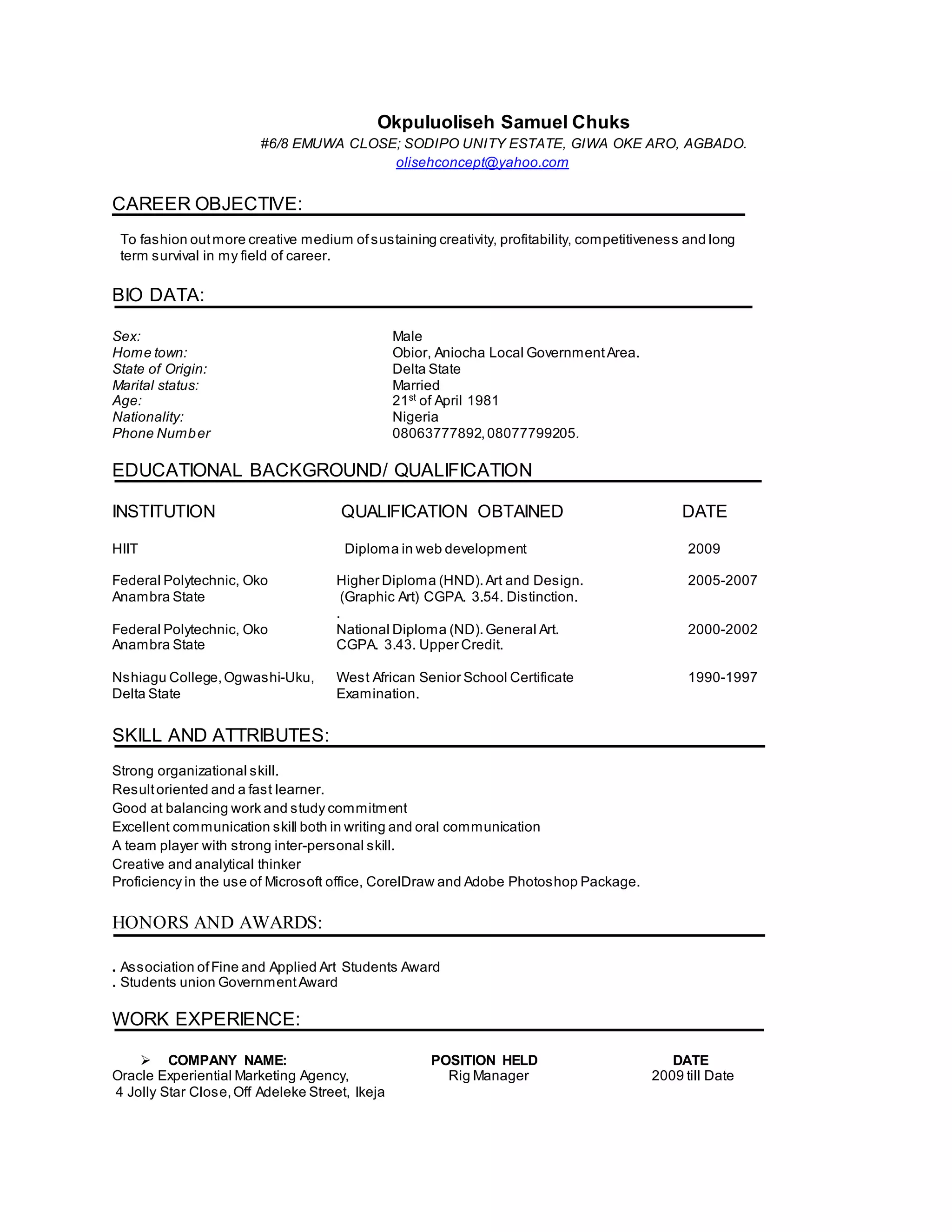 OKPULUOLISEH CHUKS SAMUEL CV | PDF