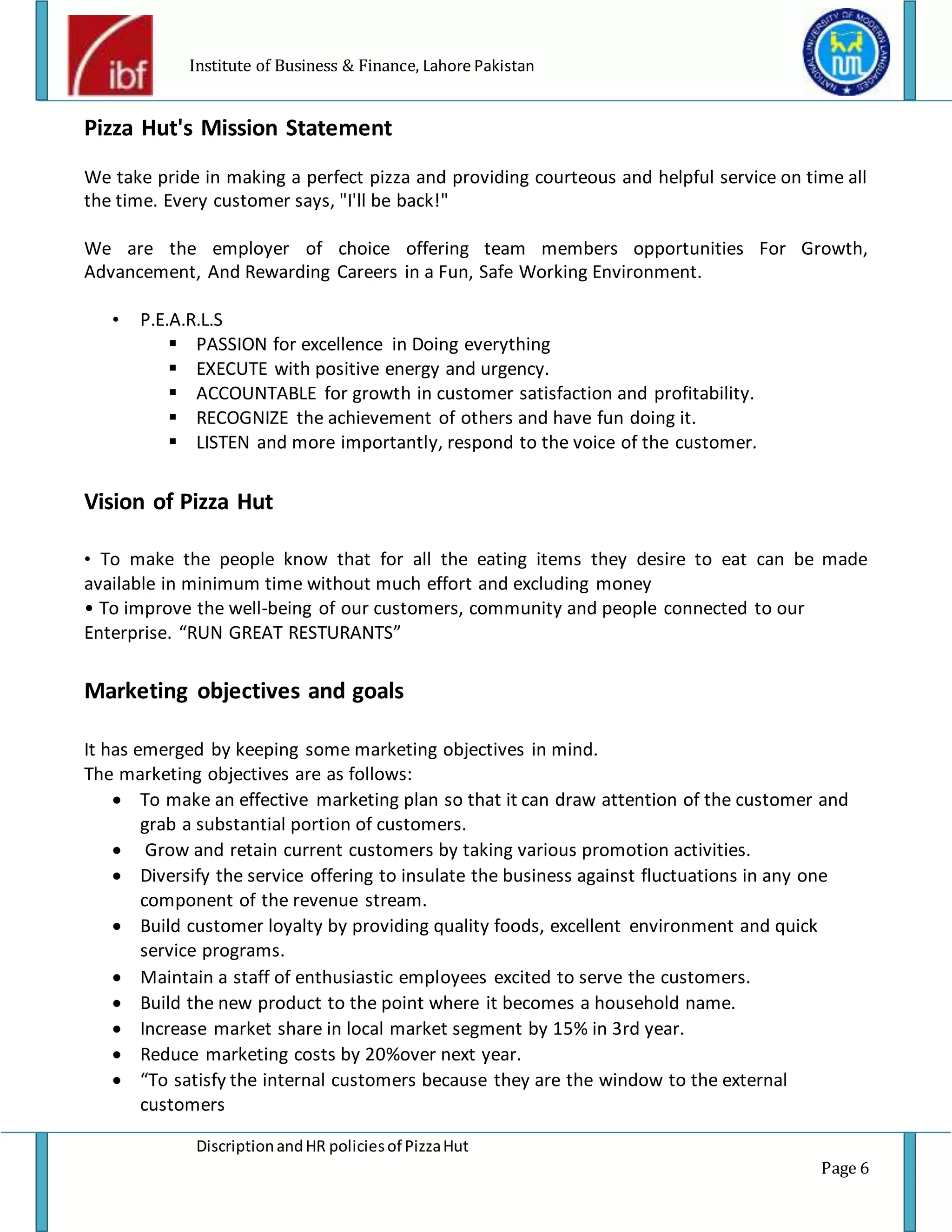 Pizza hut description and HR policies | project report of pizza hut | DOCX