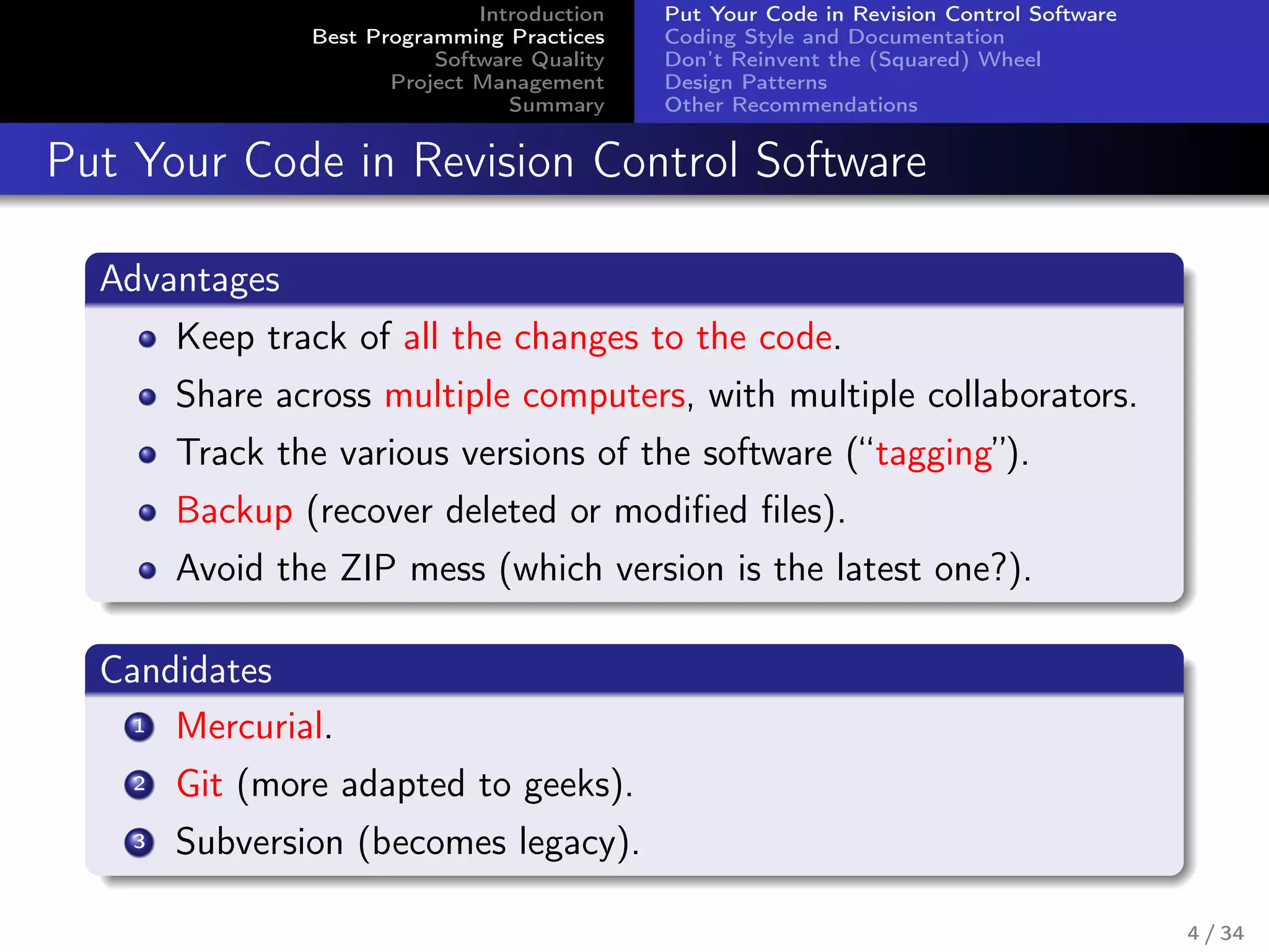 Programming practises and project management for professionnal software ...