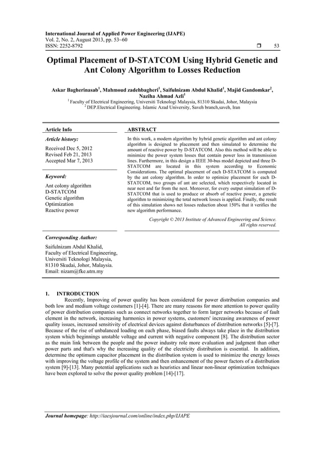 Optimal Placement Of D Statcom Using Hybrid Genetic And Ant Colony Algorithm To Losses Reduction