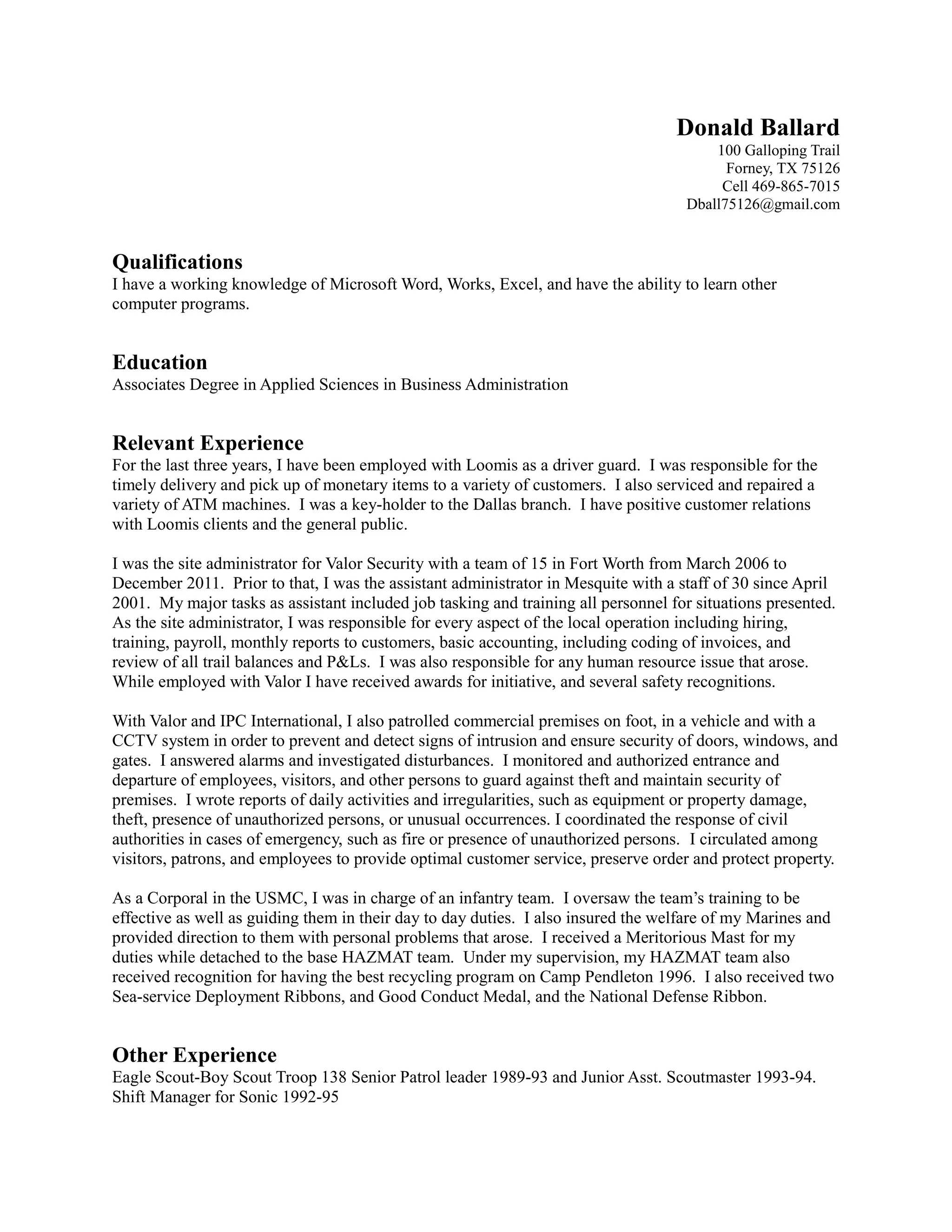 Donald Ballard Resume | DOC