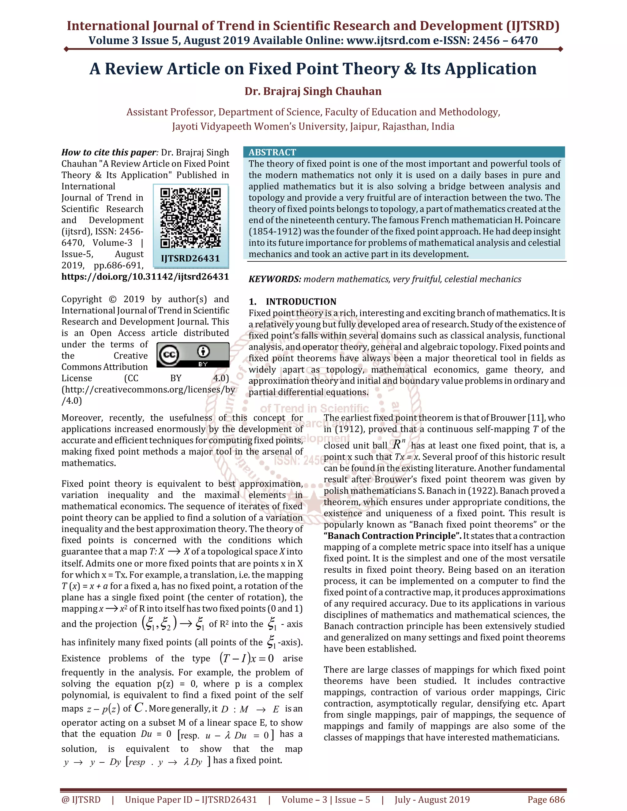 A Review Article on Fixed Point Theory and Its Application | PDF