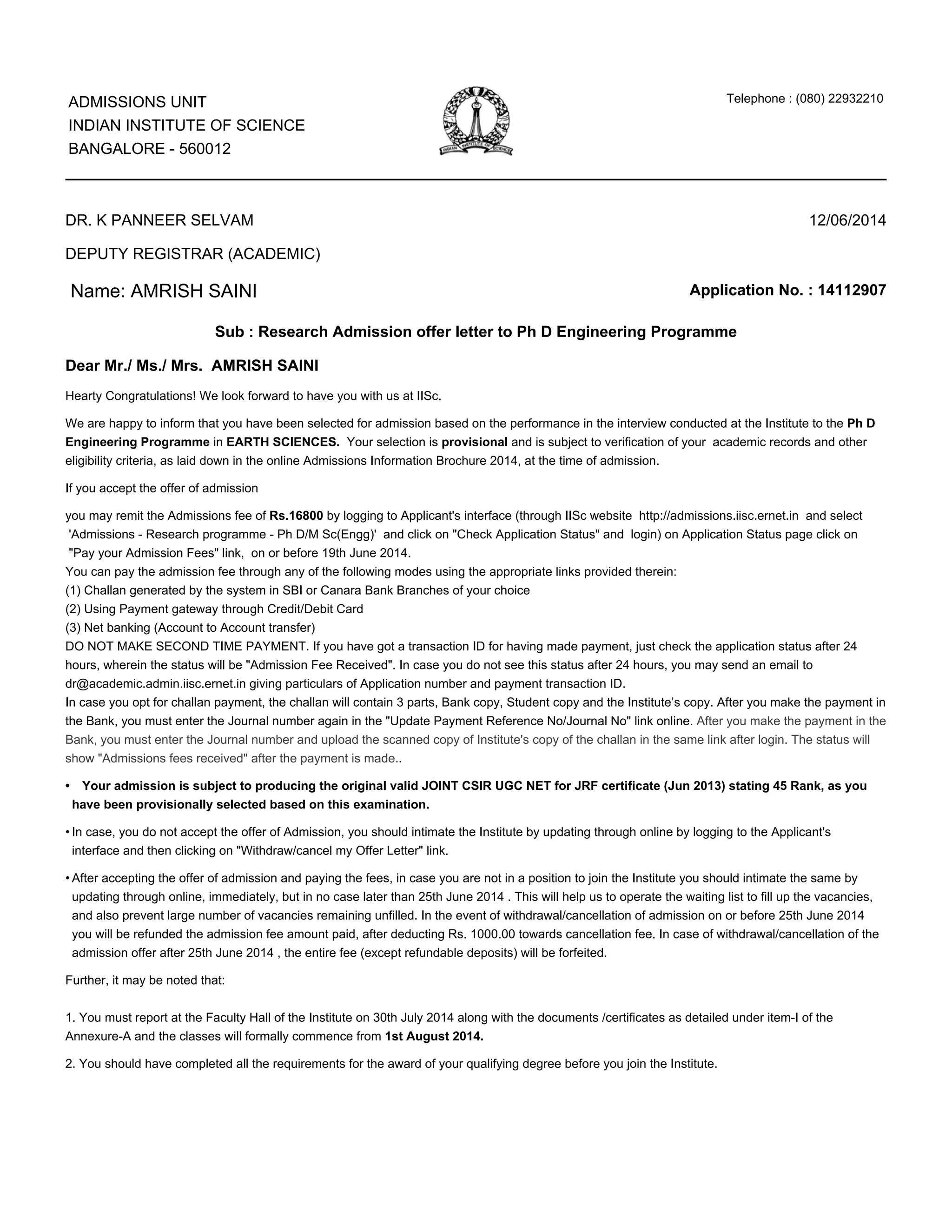 IISc offer letter | PDF