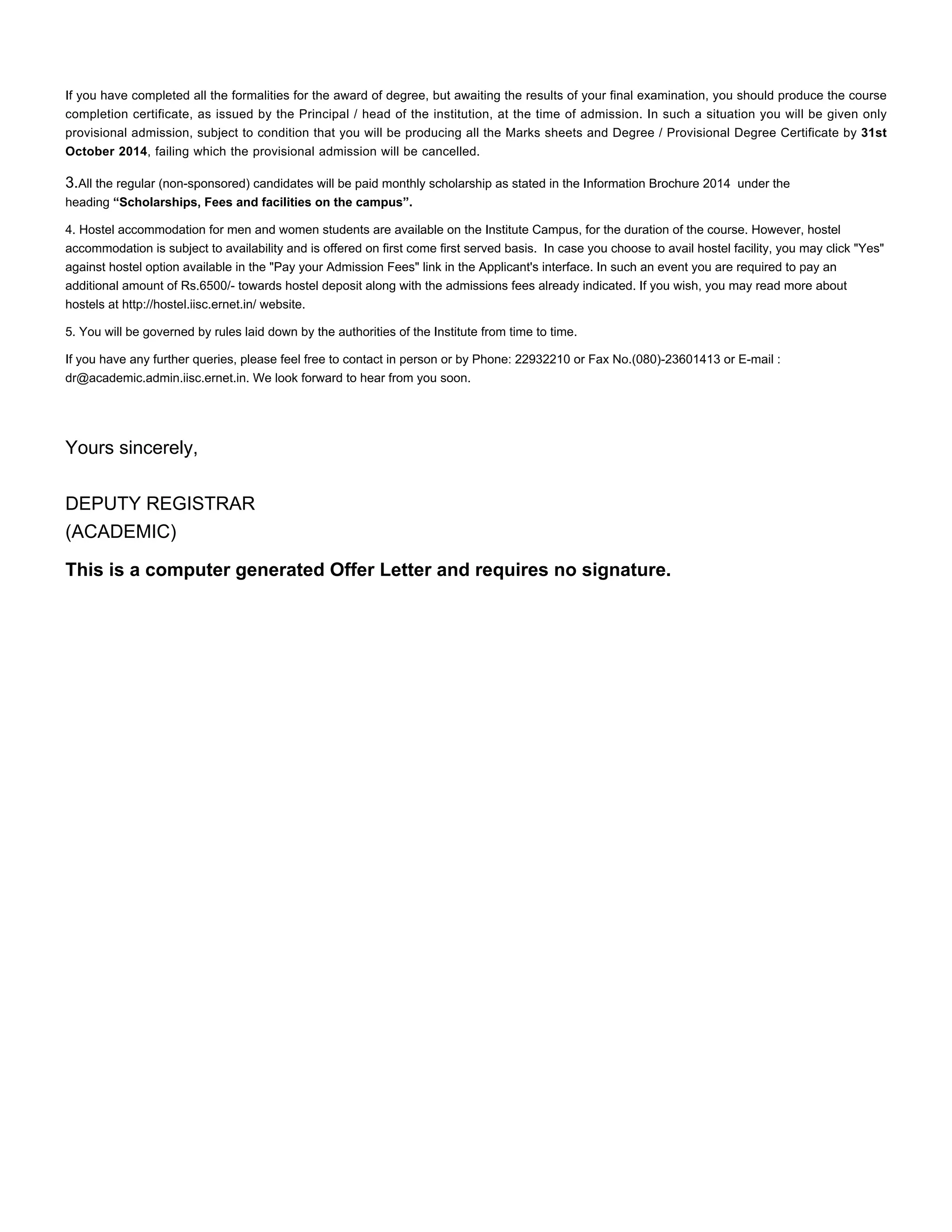 IISc offer letter | PDF