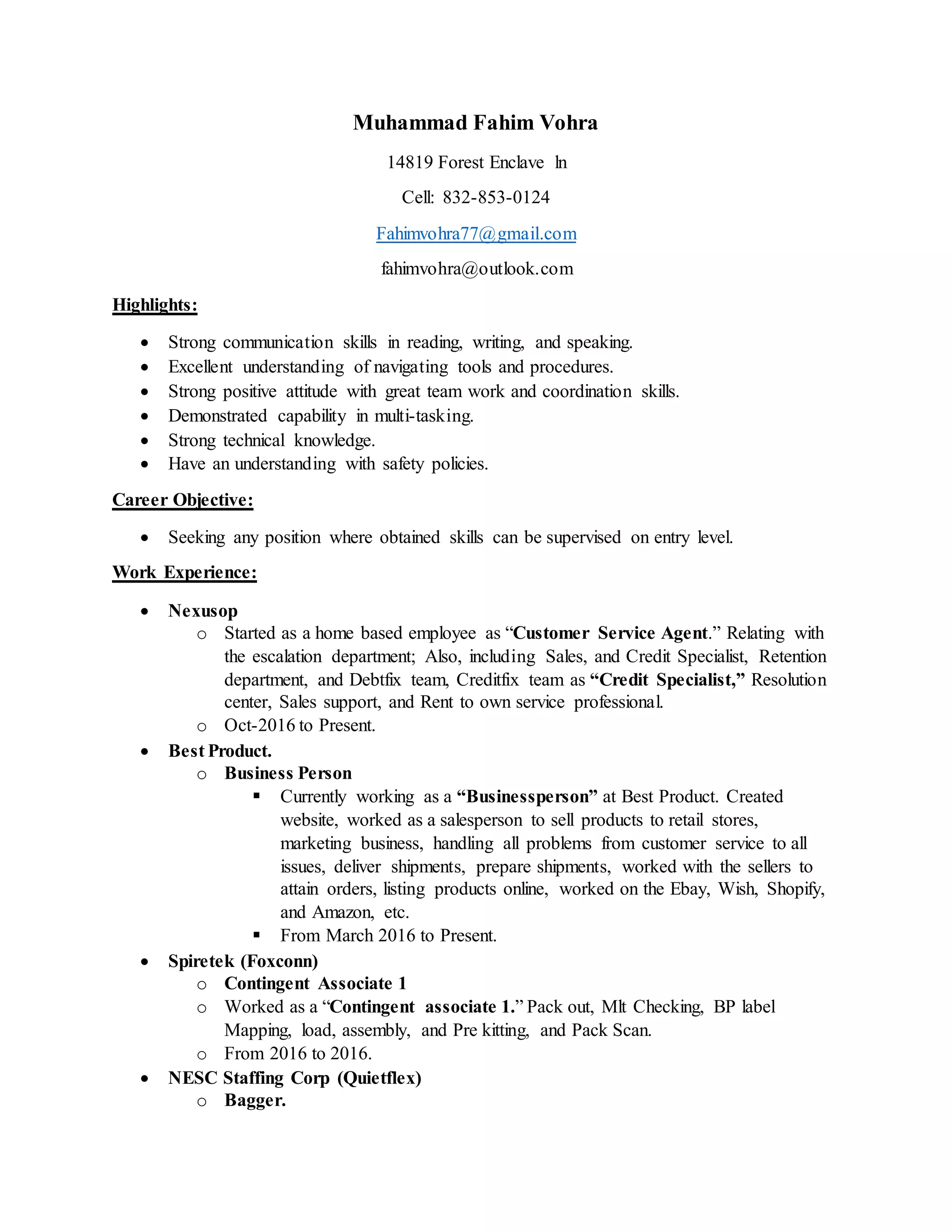 Muhammad Fahim Vohra Resume Management | DOCX