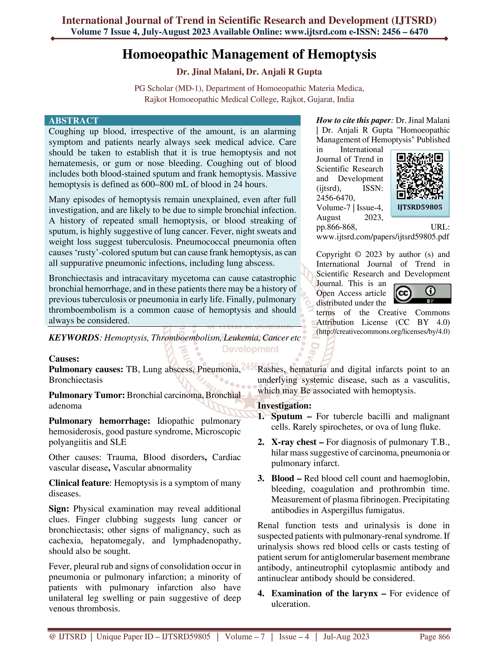 Homoeopathic Management of Hemoptysis | PDF