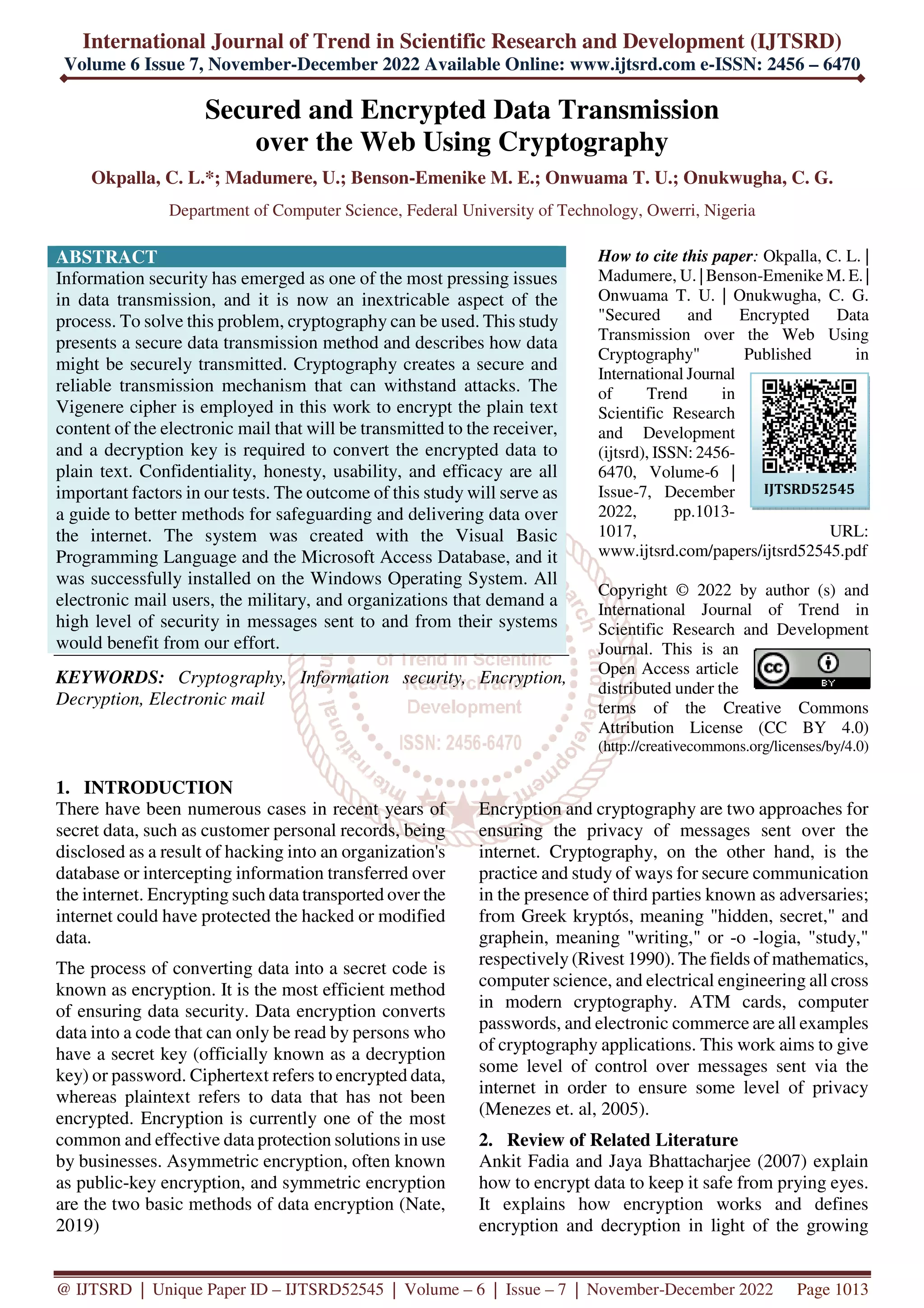 Secured And Encrypted Data Transmission Over The Web Using Cryptography Pdf Email Internet