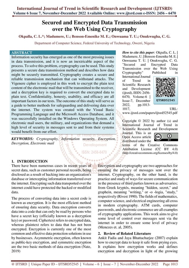 Secured and Encrypted Data Transmission over the Web Using Cryptography ...