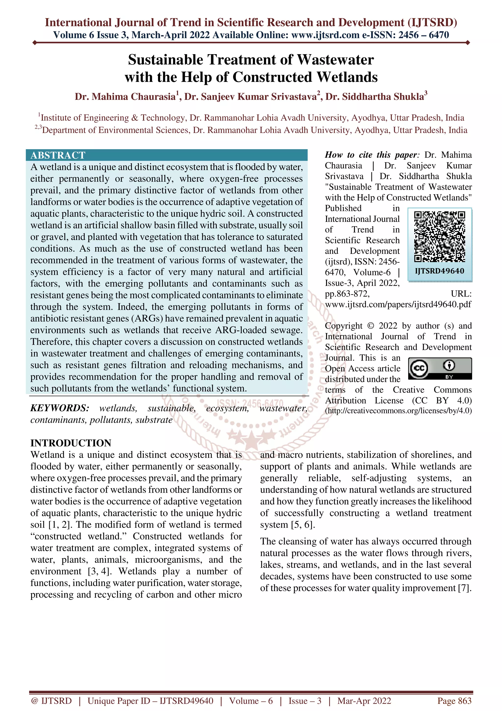 Sustainable Treatment of Wastewater with the Help of Constructed ...