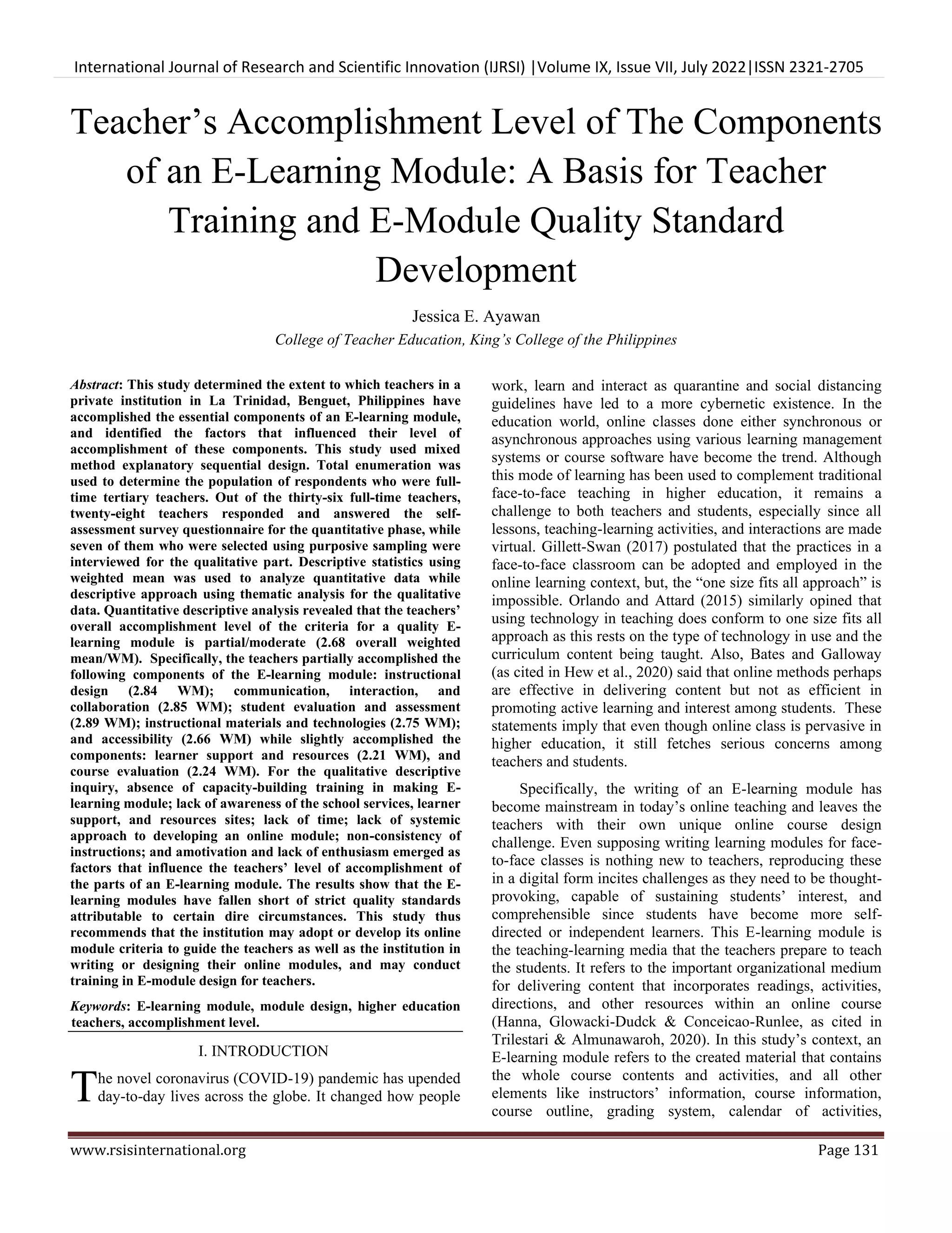 Teacher’s Accomplishment Level of The Components of an E-Learning Module: A Basis for Teacher ...