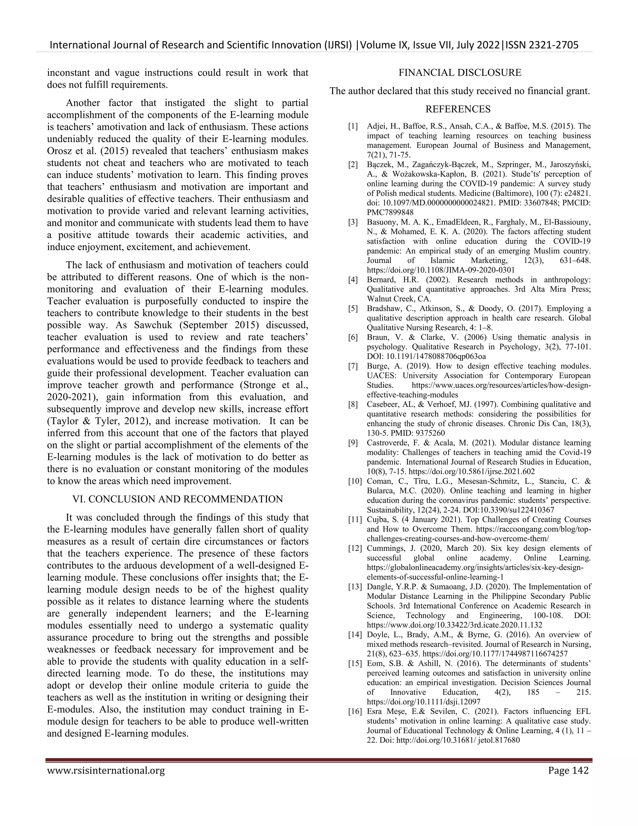 Teacher’s Accomplishment Level of The Components of an E-Learning ...