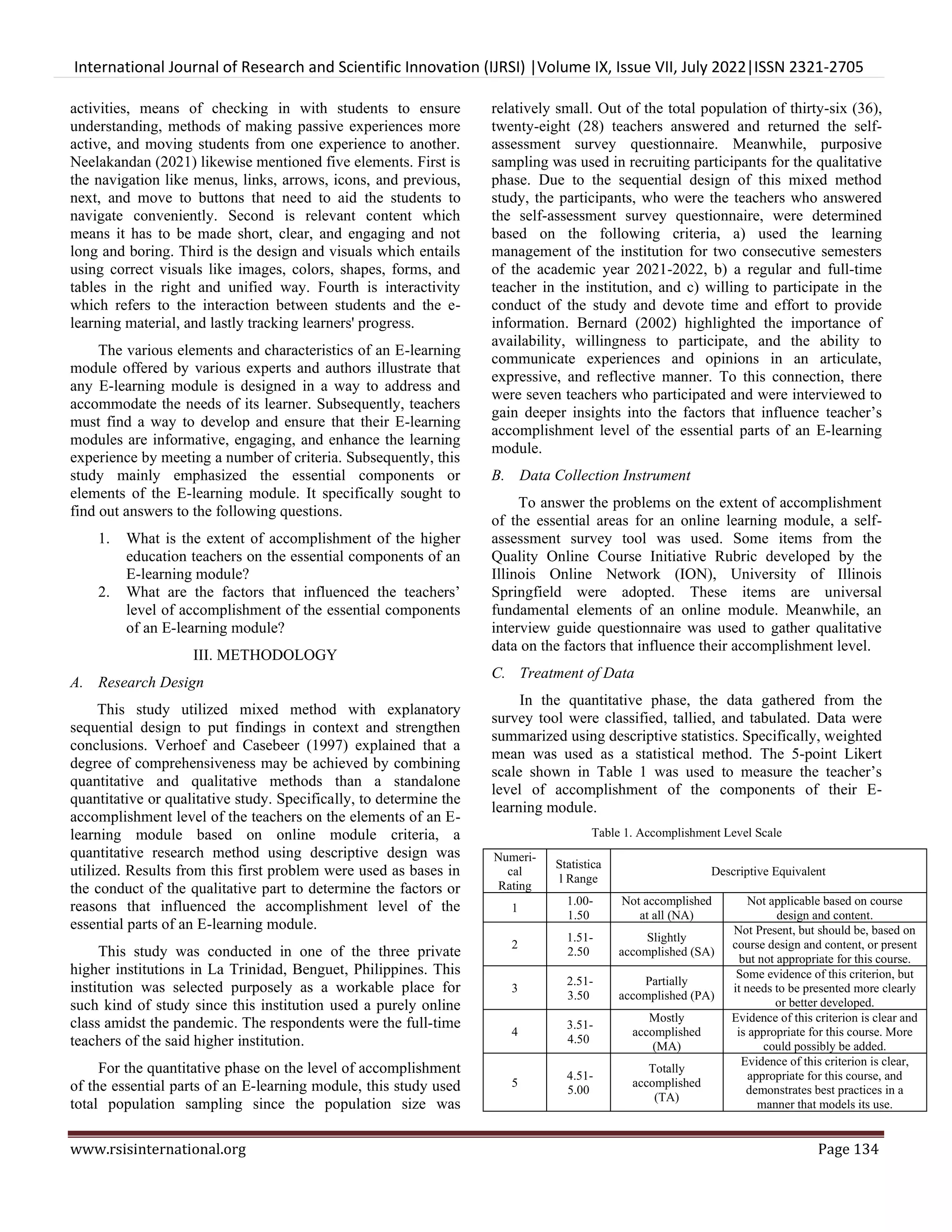 Teacher’s Accomplishment Level of The Components of an E-Learning ...