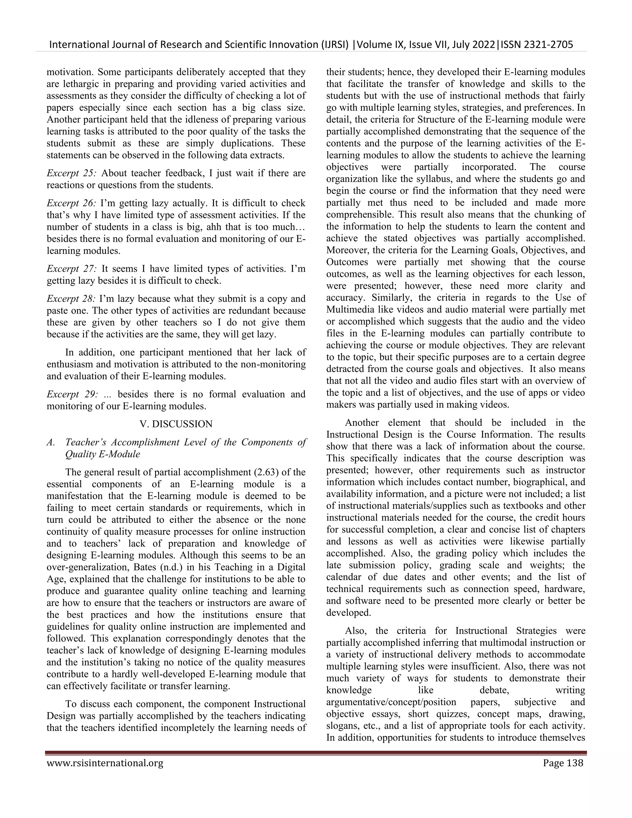 Teacher’s Accomplishment Level of The Components of an E-Learning ...