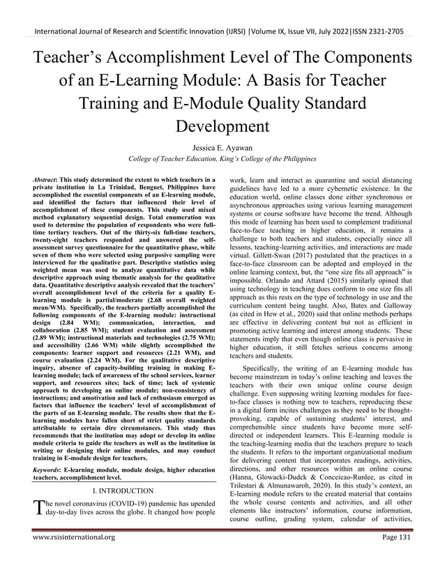 Teacher’s Accomplishment Level of The Components of an E-Learning ...