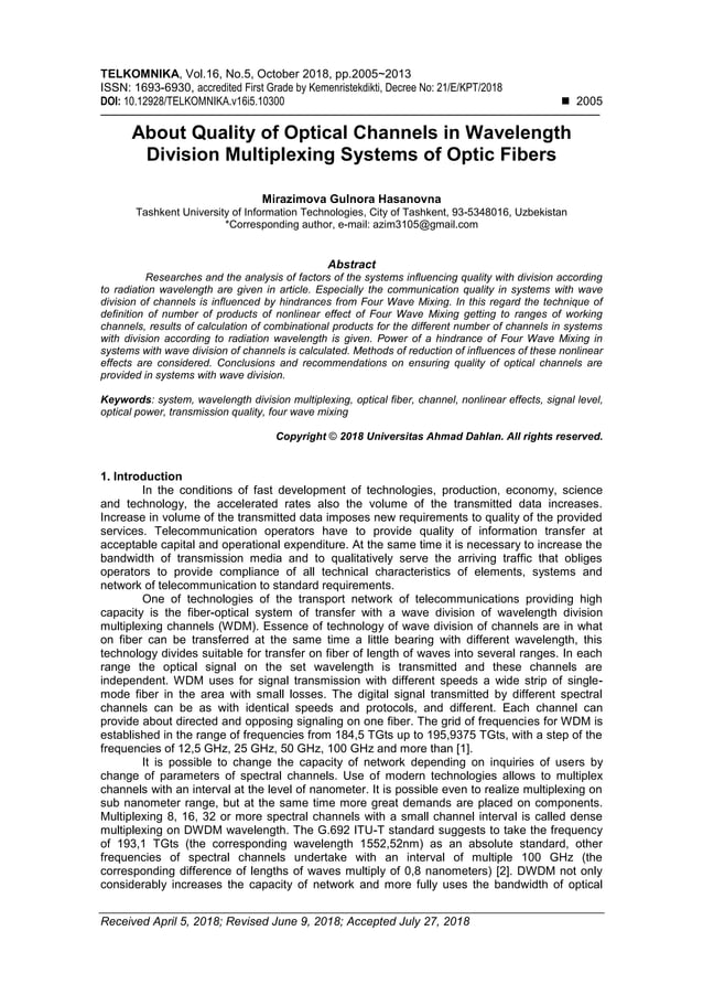 About Quality of Optical Channels in Wavelength Division Multiplexing Systems of Optic Fibers | PDF