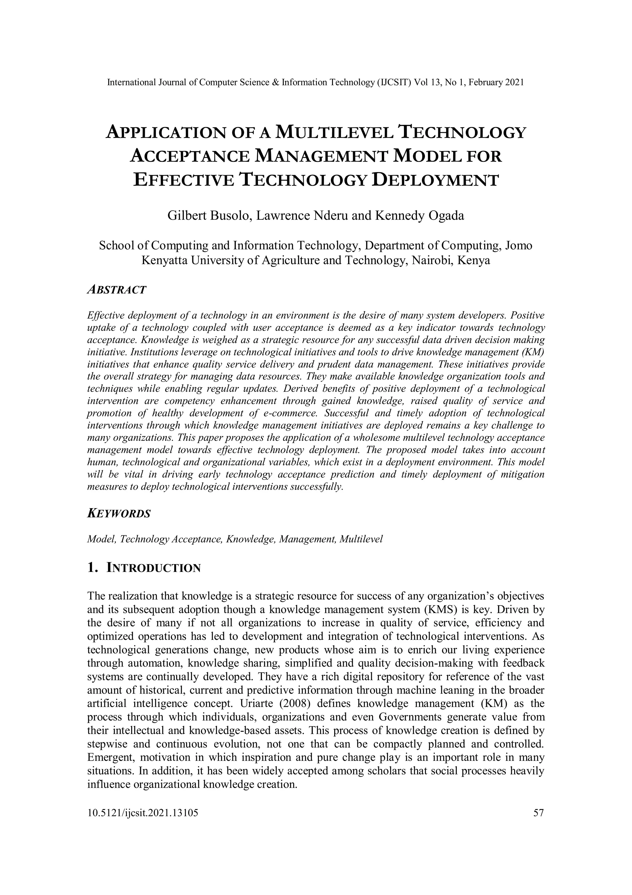 APPLICATION OF A MULTILEVEL TECHNOLOGY ACCEPTANCE MANAGEMENT MODEL FOR ...