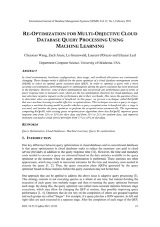 RE-OPTIMIZATION FOR MULTI-OBJECTIVE CLOUD DATABASE QUERY PROCESSING USING MACHINE LEARNING | PDF
