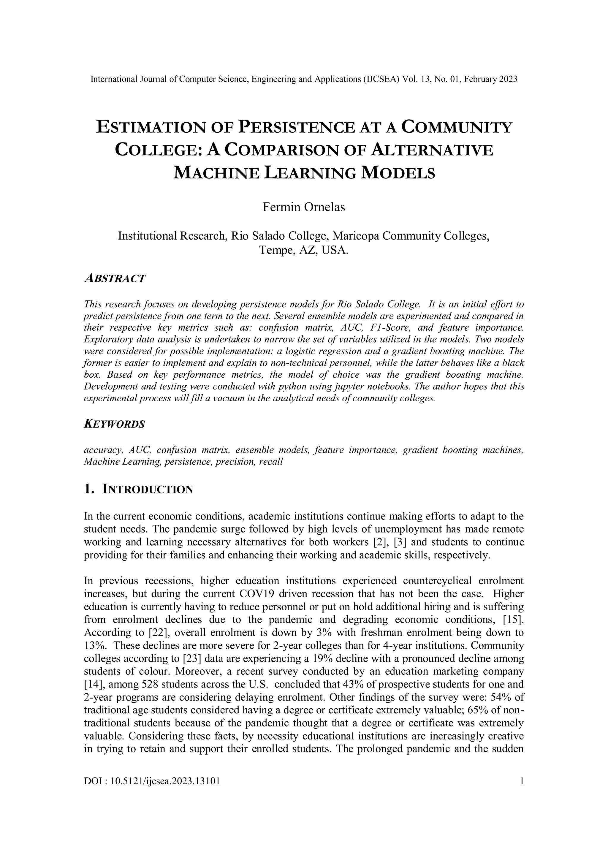 Estimation of Persistence at a Community College: A Comparison of Alternative Machine Learning ...
